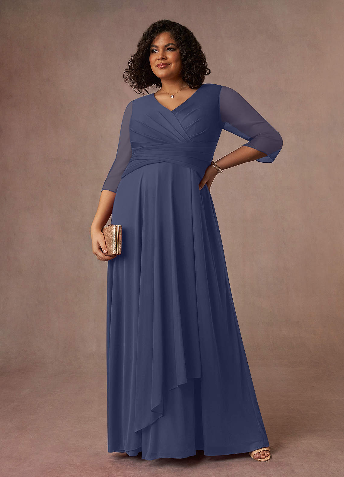 Stormy Azazie Annetta Stormy A-Line V-Neck Pleated Mesh Dress | Azazie