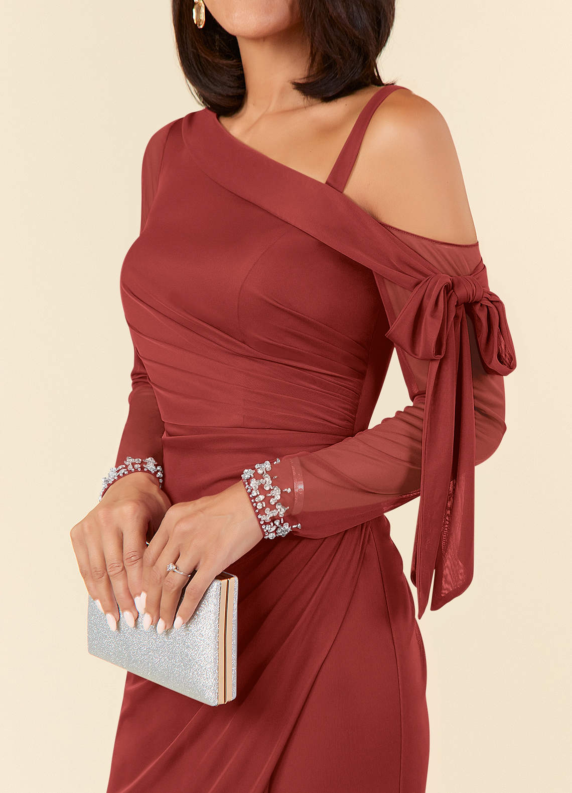 Azazie Marna Rust Sheath One Shoulder Mesh Dress | Azazie