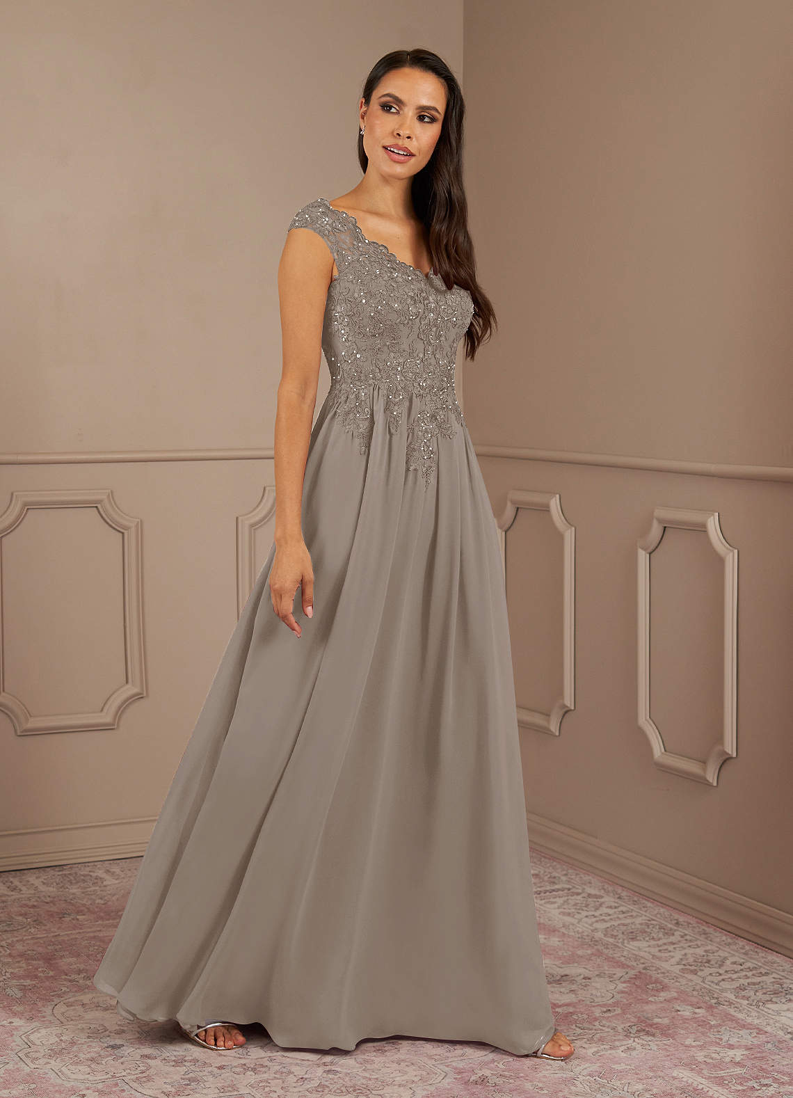 Azazie Amethyst Taupe A Line V Neck Sequins Chiffon Dress Mother Of The