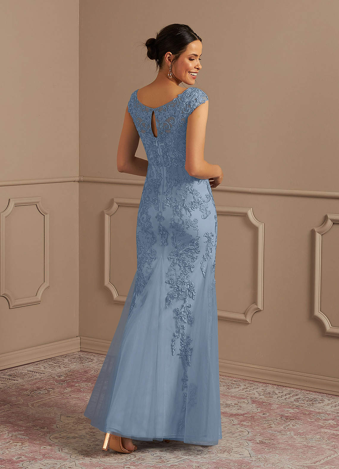 Azazie Melena Dusty Blue Mermaid Lace Tulle Dress | Azazie