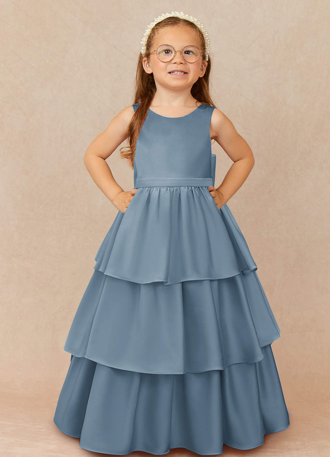Azazie Margie Dusty Blue A-Line Bow Stretch Satin Dress | Azazie