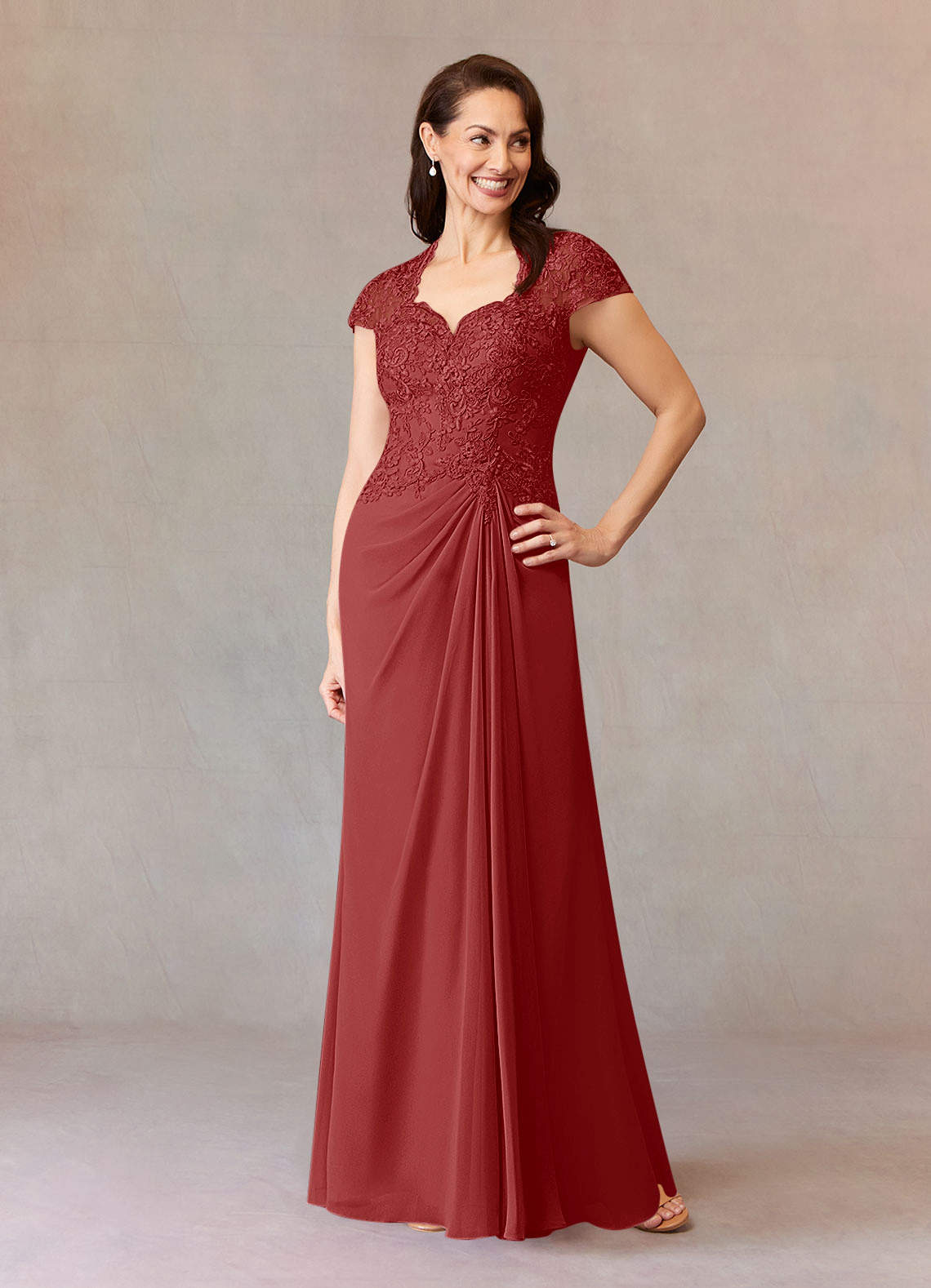 Rust Azazie Junie A-Line Lace Chiffon Floor-Length Dress | Azazie