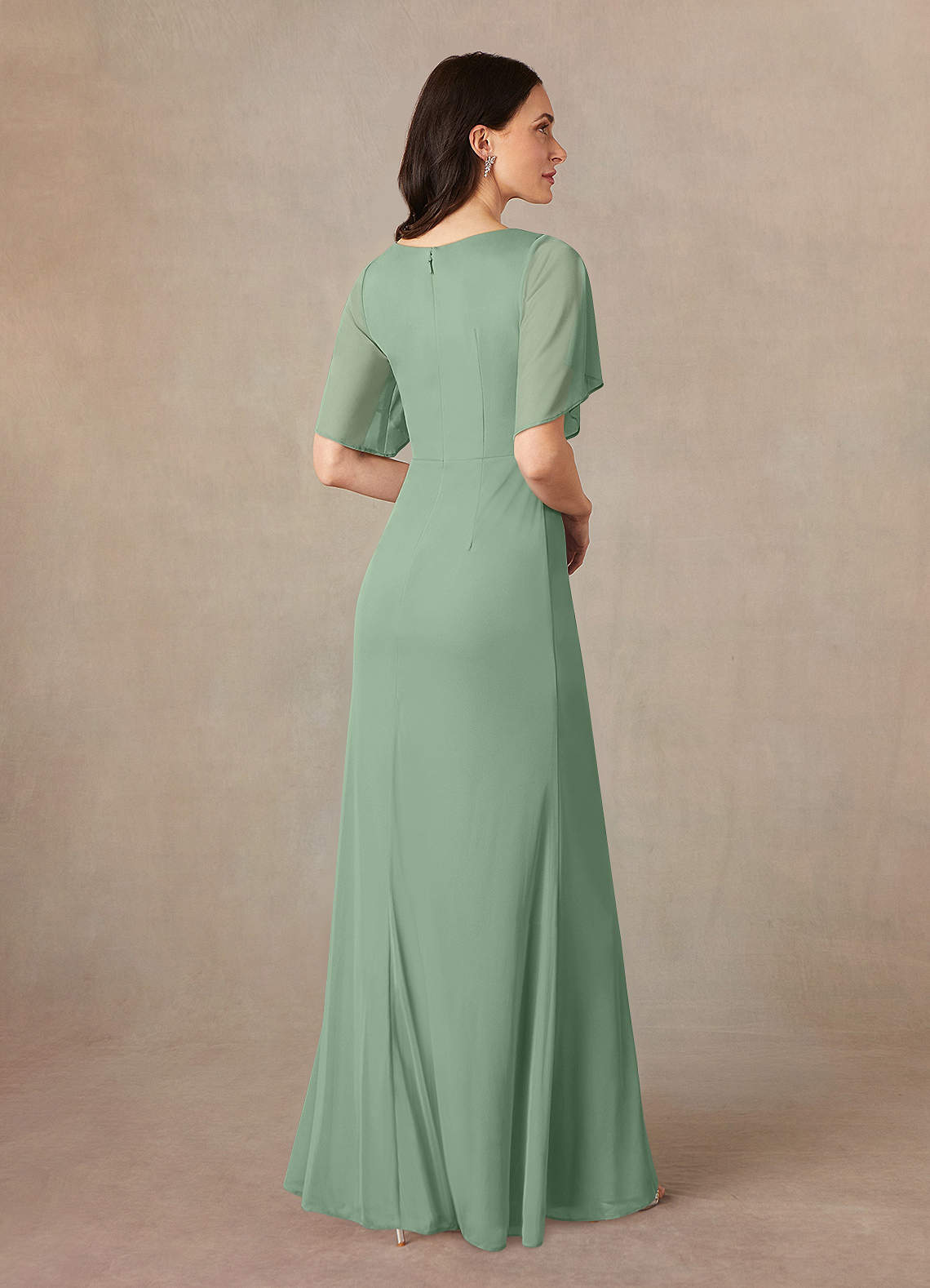 Matcha Azazie Selah A Line V Neck Ruched Mesh Floor Length Dress Azazie