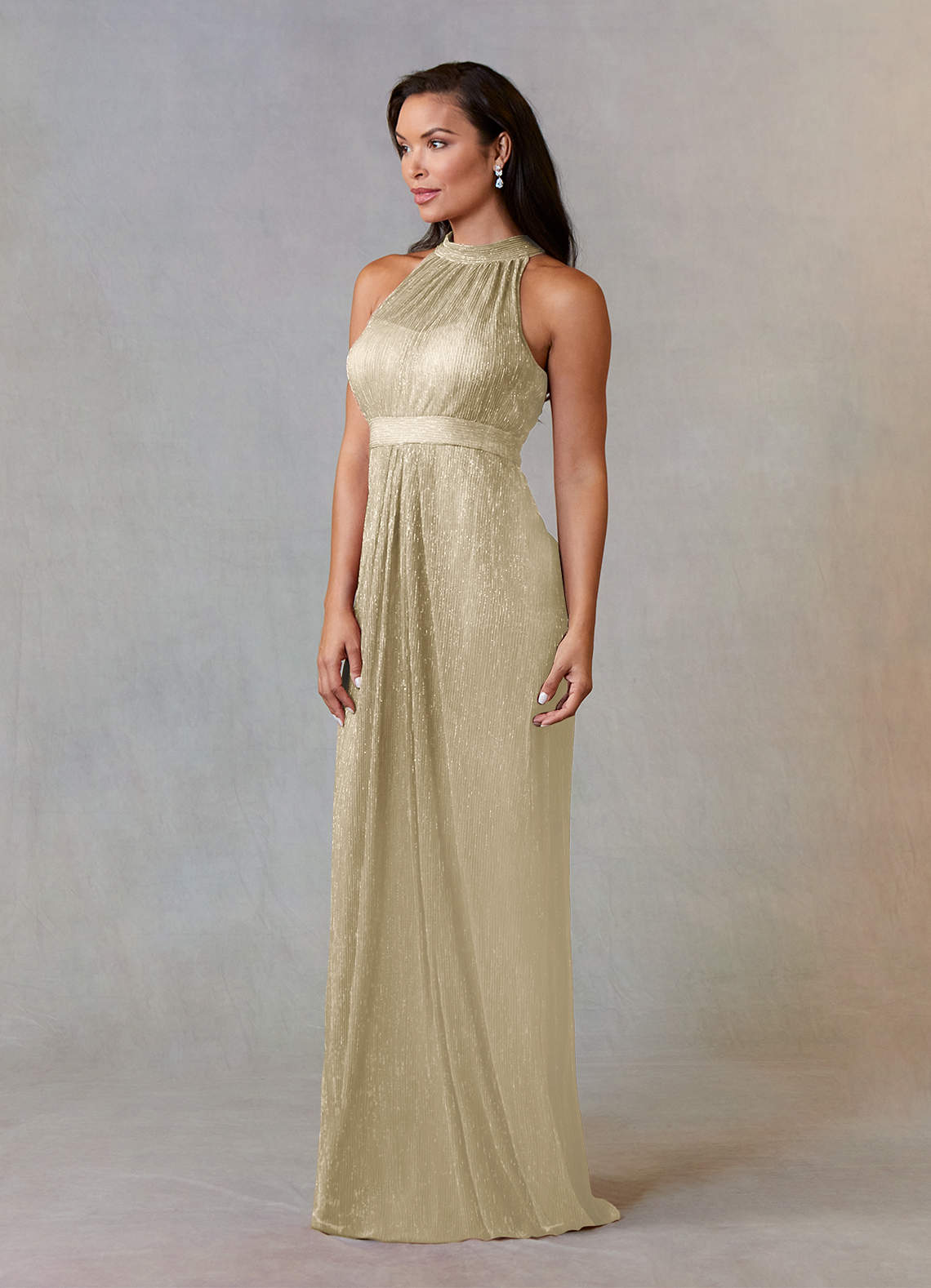 Upstudio Brea Champagne A-Line Halter Pleated Metallic Mesh Dress | Azazie