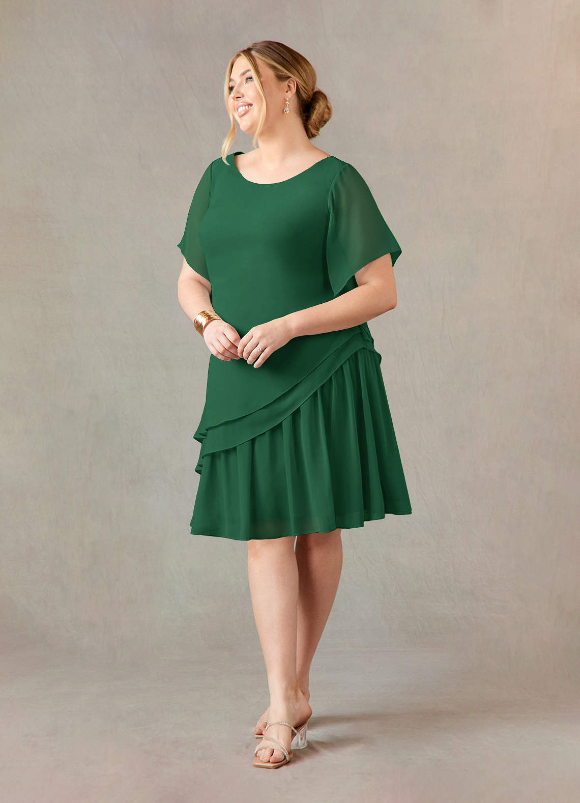 Dark Green Azazie Louisa A Line Scoop Chiffon Knee Length Dress Azazie