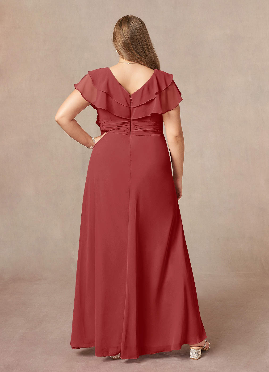 Rust Azazie Snapdragon Rust A-Line V-Neck Ruched Chiffon Dress | Azazie