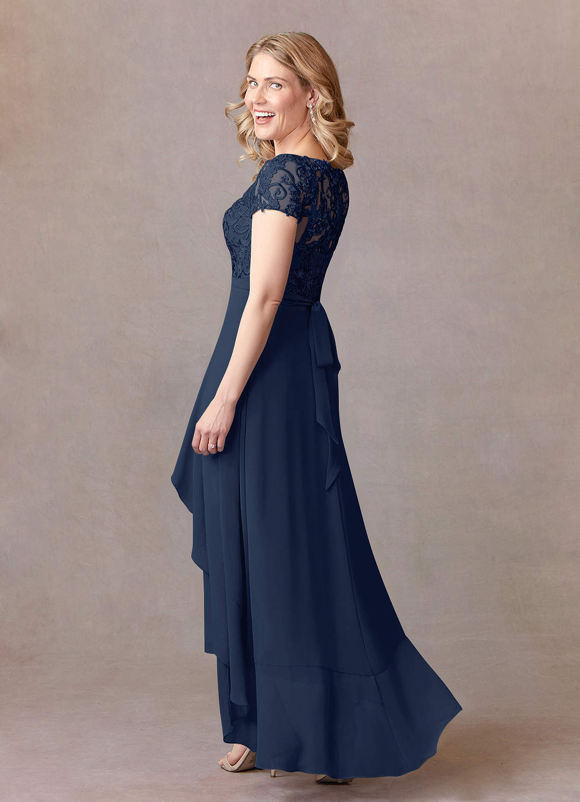 Dark Navy Azazie Mamie A-Line Lace Chiffon Asymmetrical Dress | Azazie