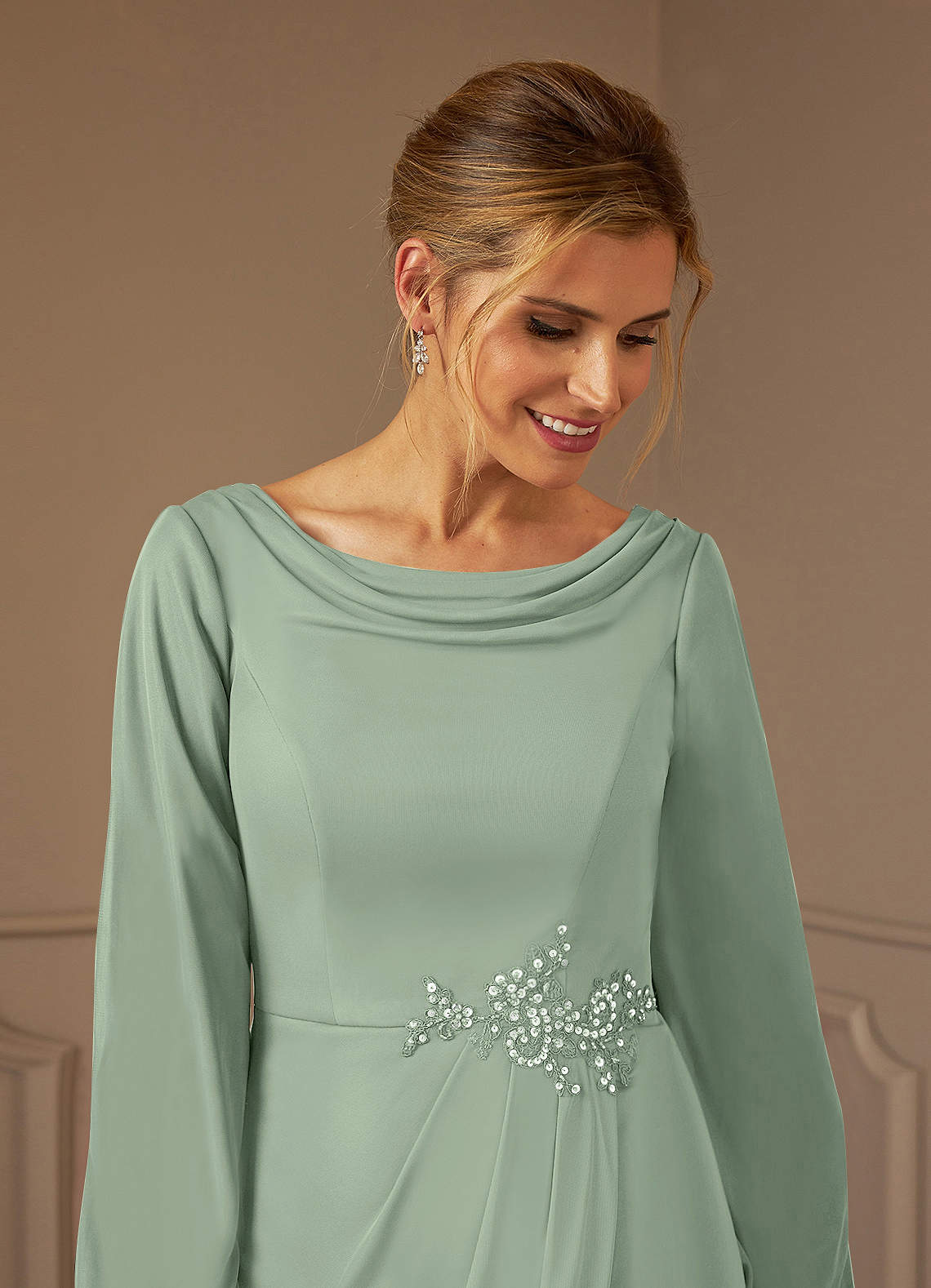 Dusty Sage Azazie Satasha A-Line Cowl Neckline Lace Mesh Floor-Length ...