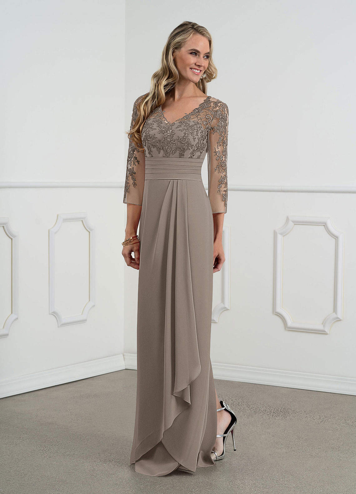 Taupe Azazie Joan Taupe Sheath V Neck Lace Chiffon Dress Azazie