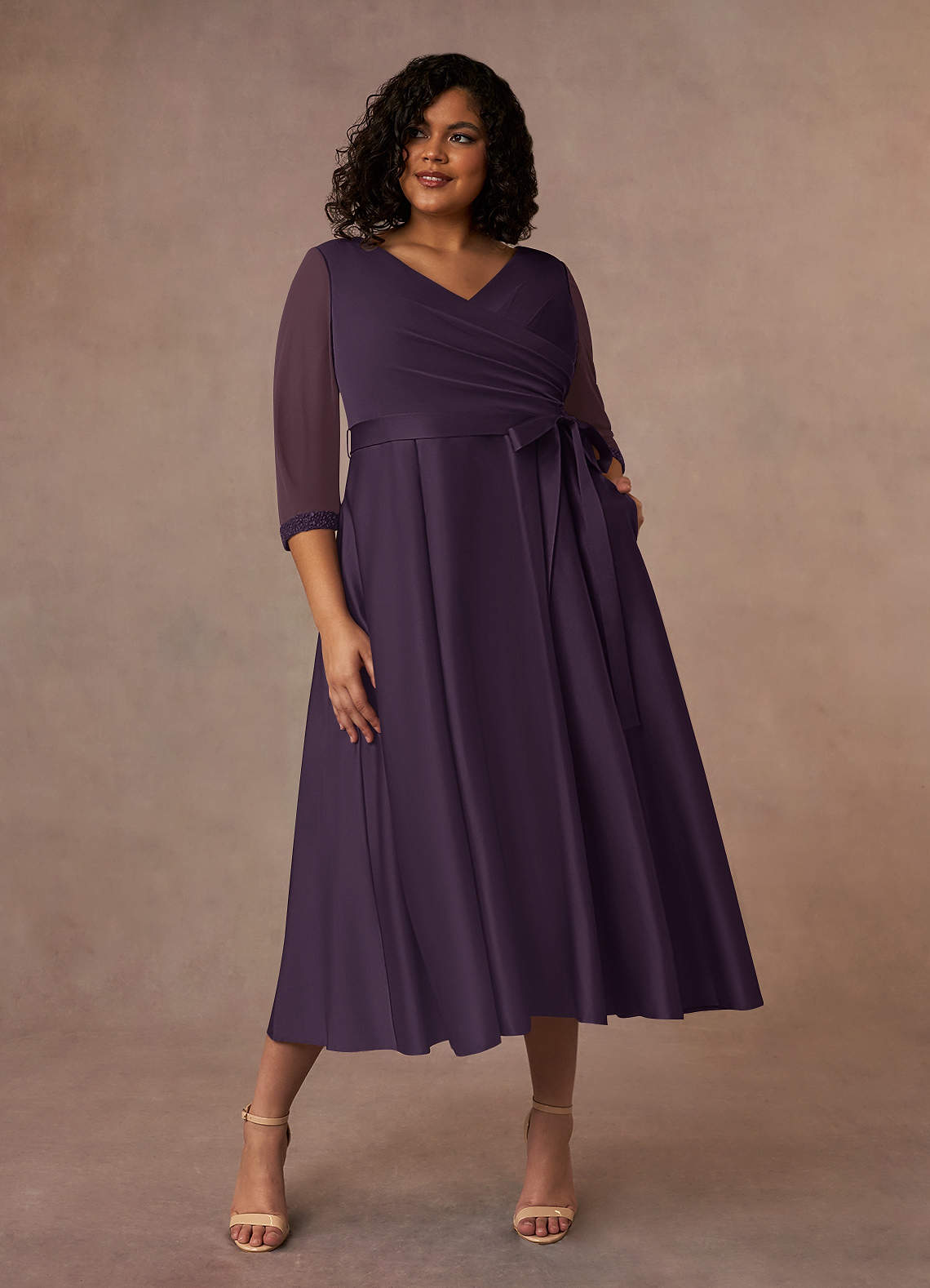 Azazie Maritza Plum A-Line Pleated Matte Satin Dress | Azazie CA