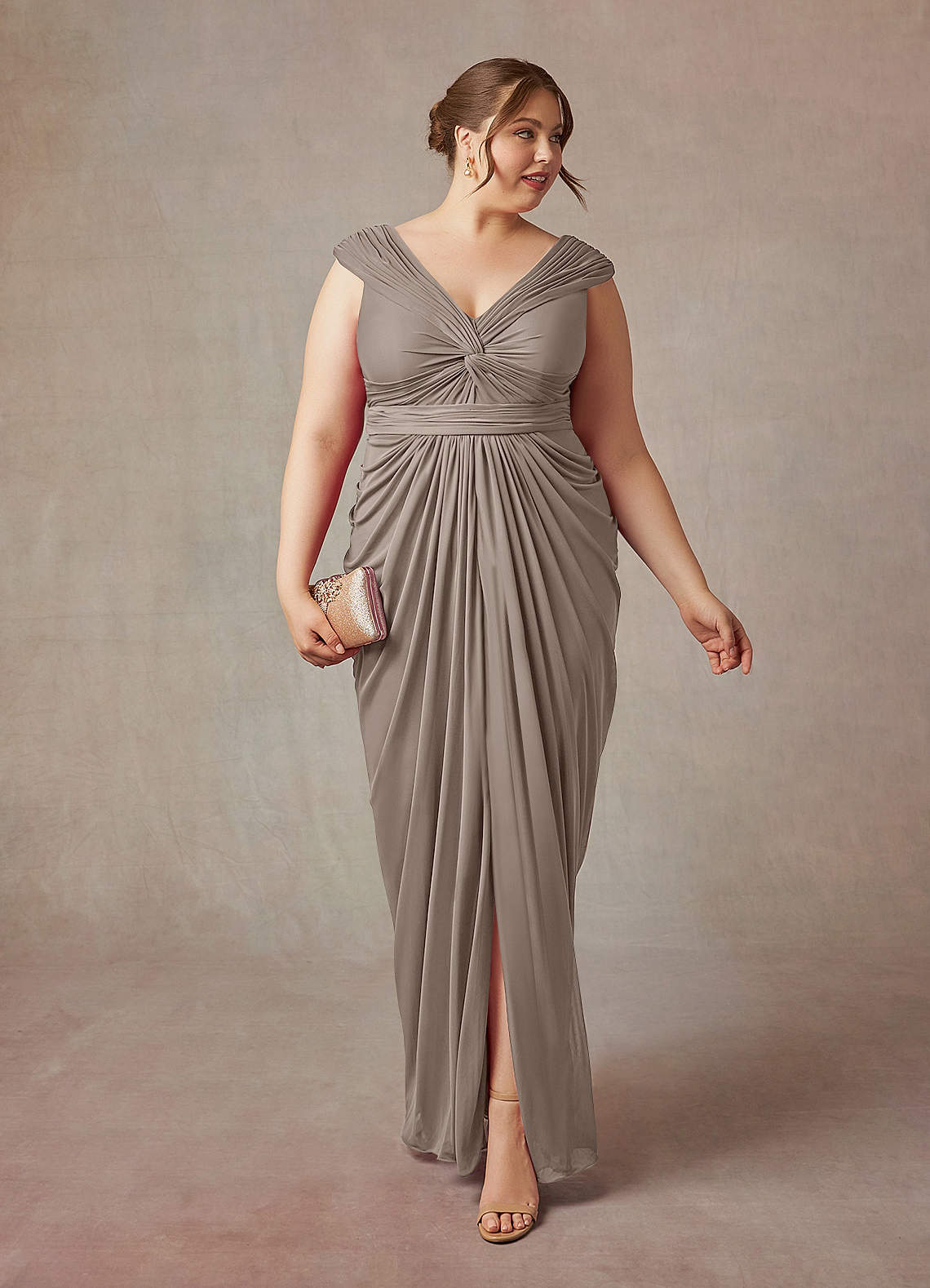 Taupe Azazie Lisolette Sheath Pleated Mesh Floor-Length Dress | Azazie