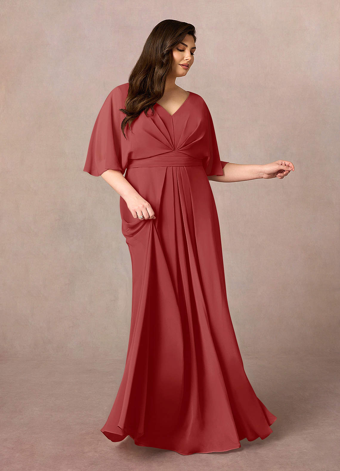 Azazie Oksana Rust A-Line V-Neck Pleated Chiffon Dress | Azazie