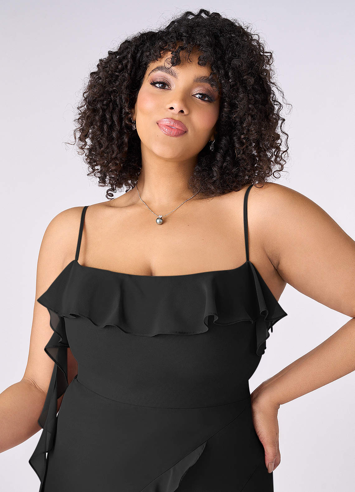 Black Chiffon Ruffle Column Dress with Leg Slit Bridesmaid Dresses | Azazie