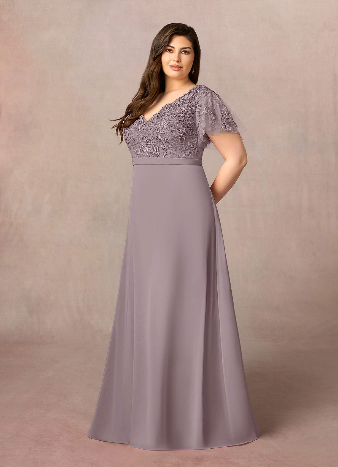 Azazie Singer Dusk A Line V Neck Lace Chiffon Dress Azazie