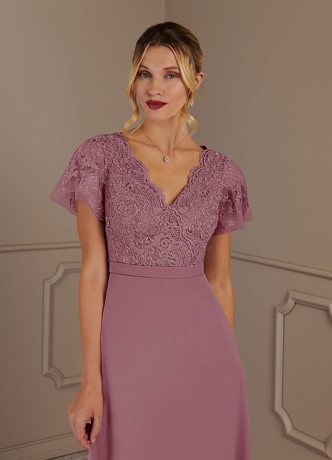 Azazie Singer Vintage Mauve A-Line V-Neck Lace Chiffon Dress | Azazie