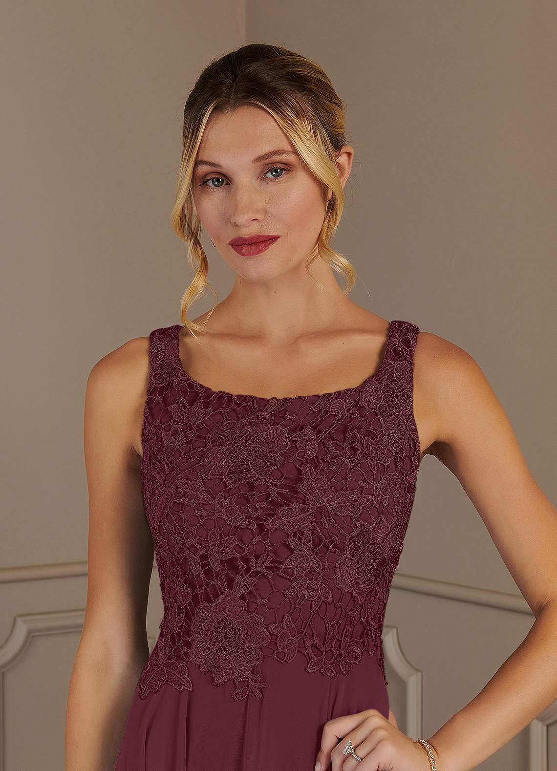 Azazie Kana Cabernet A-Line Scoop lace Chiffon Dress | Azazie