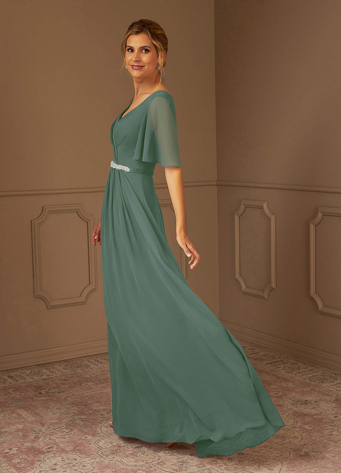 Azazie Tricia Eucalyptus A Line V Neck Pleated Chiffon Dress Mother Of