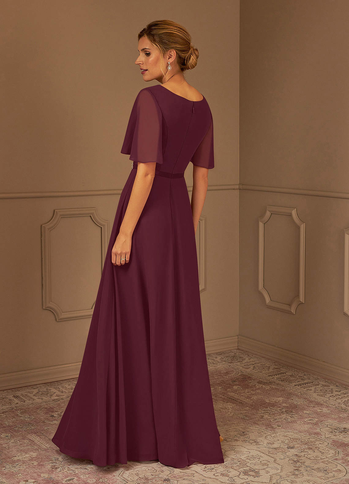 Azazie Tricia Cabernet A-Line V-Neck Pleated Chiffon Dress | Azazie