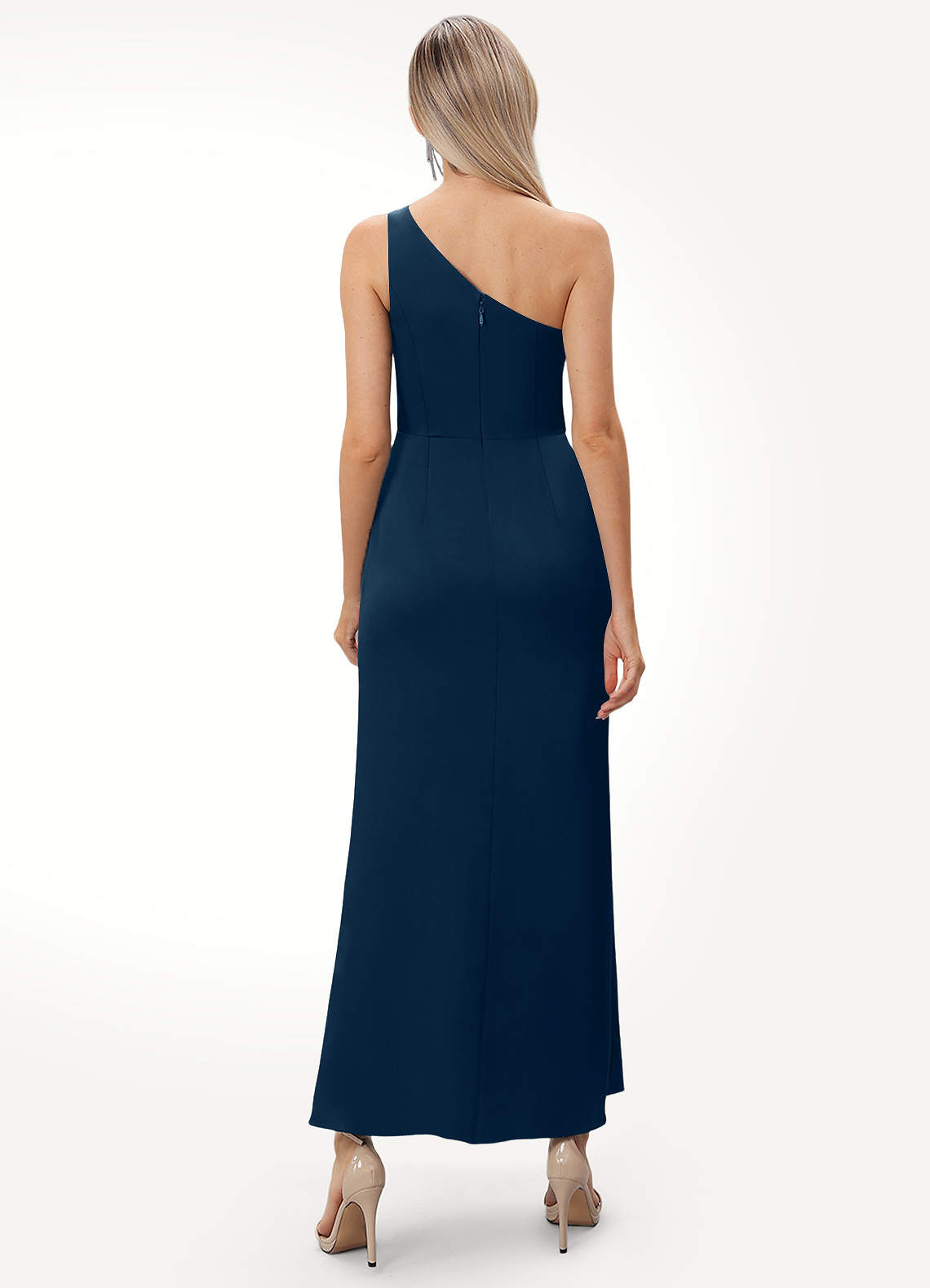 Dylan Navy One-Shoulder Stretch Satin Side-Slit Gown Atelier Dresses ...