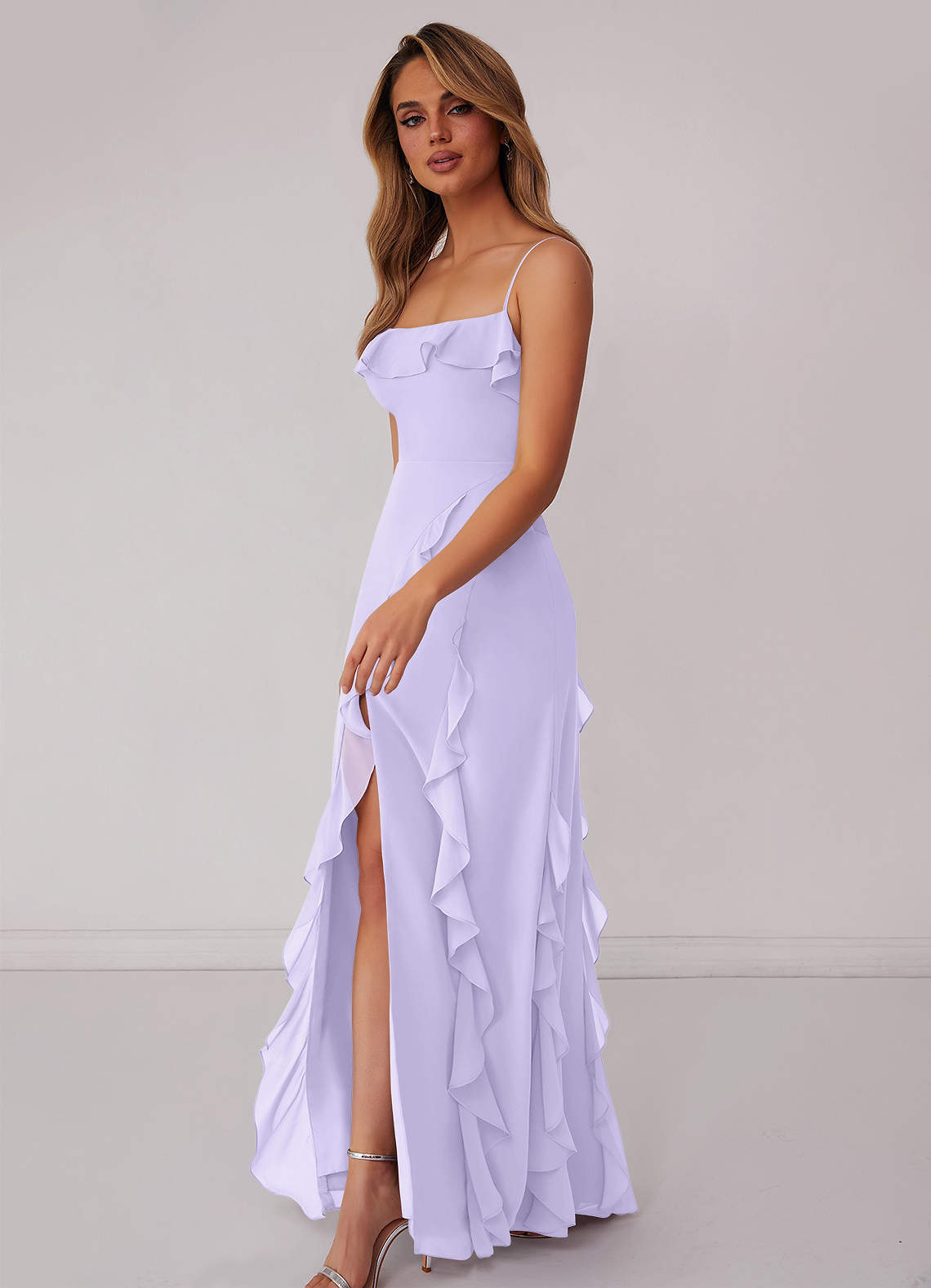 Lilac Chiffon Ruffle Column Dress with Leg Slit Bridesmaid Dresses | Azazie