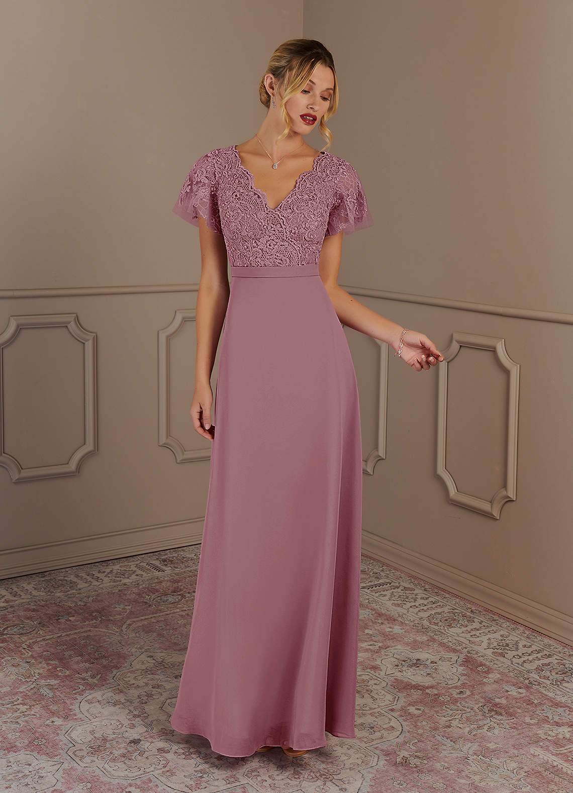 Azazie Singer Vintage Mauve A-Line V-Neck Lace Chiffon Dress | Azazie