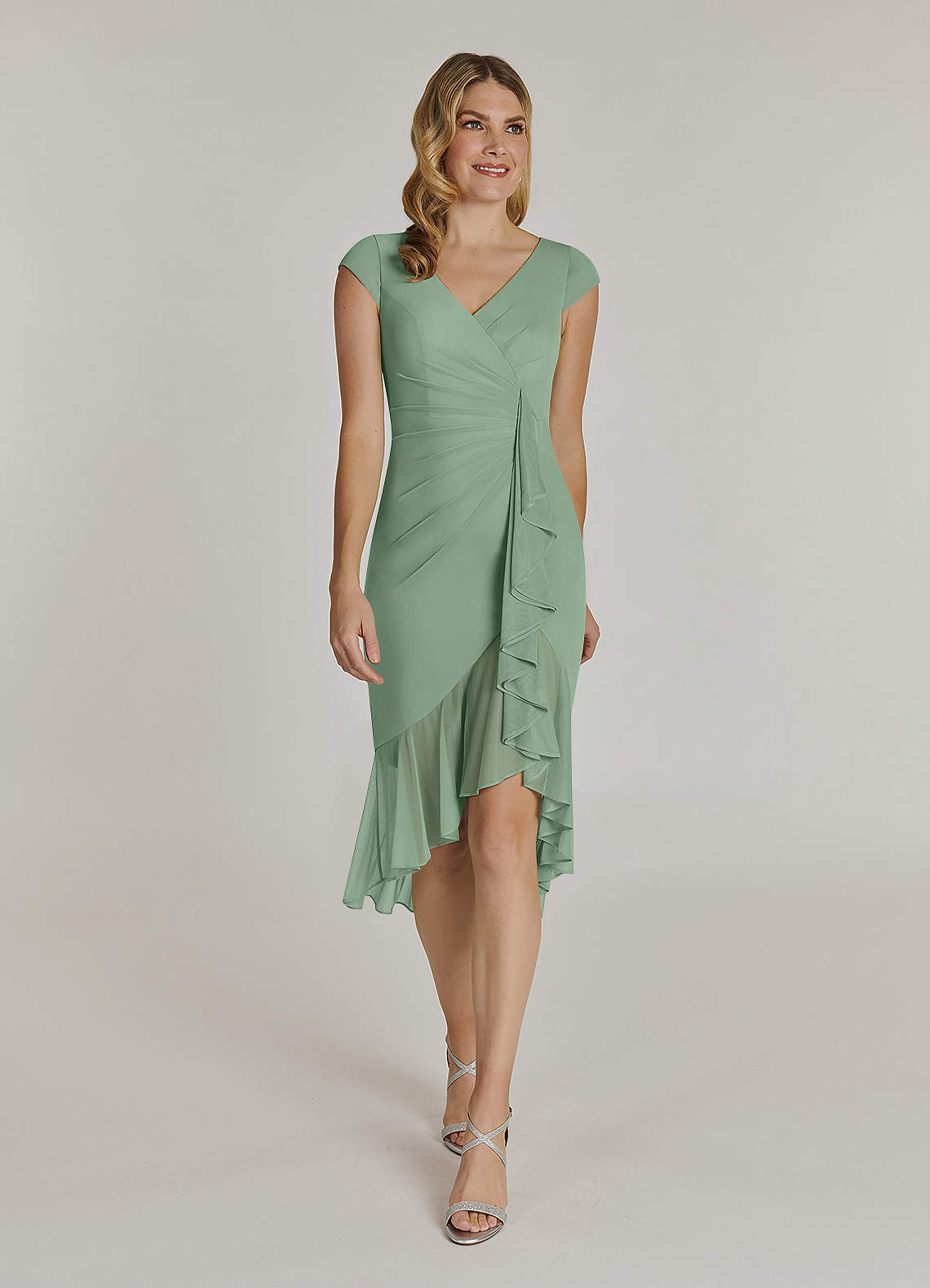 Matcha Azazie Renetta Sheath V Neck Pleated Mesh Asymmetrical Dress