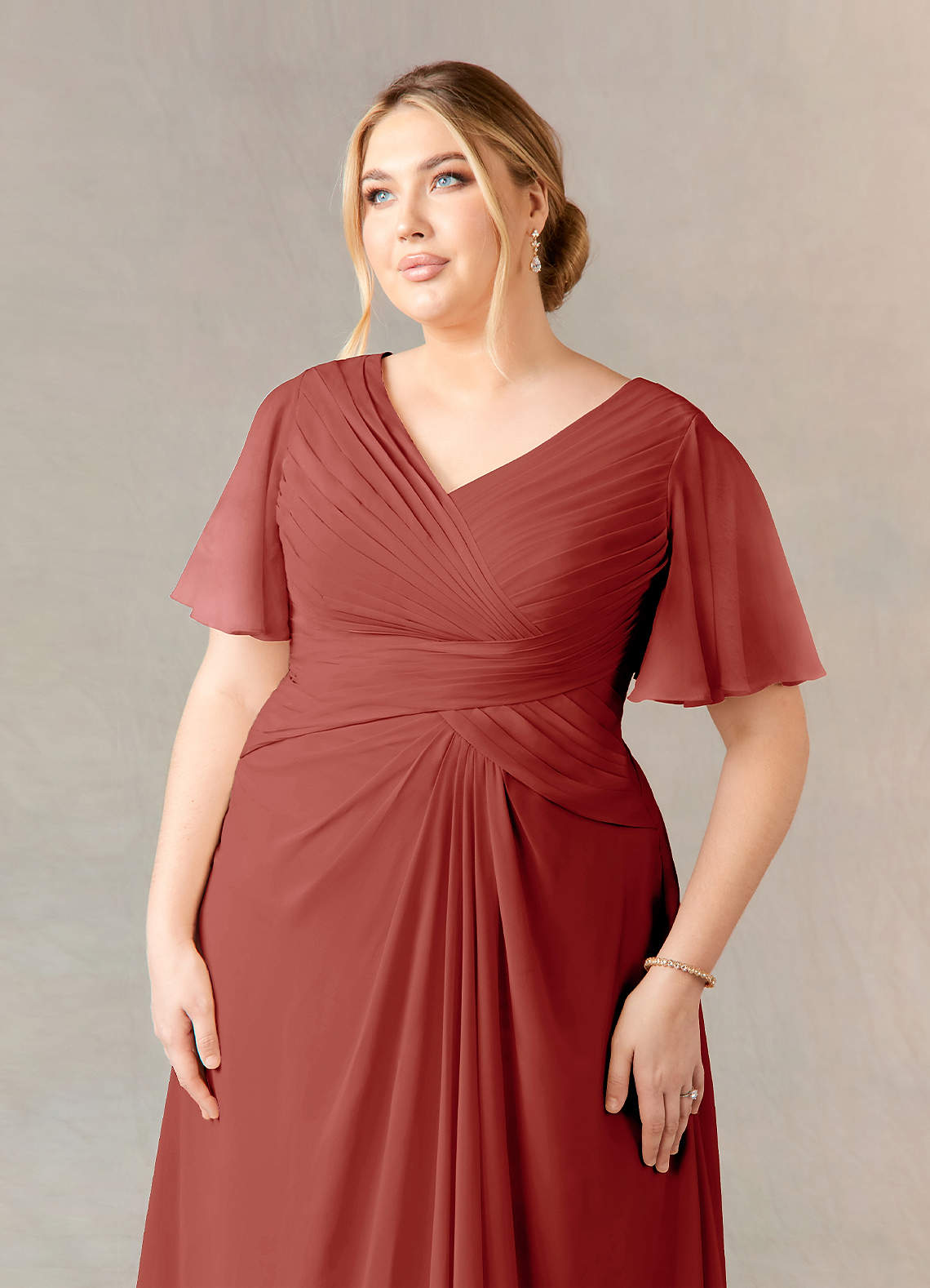 Terracotta Azazie Morning Glory A-Line V-Neck Ruched Chiffon Floor ...