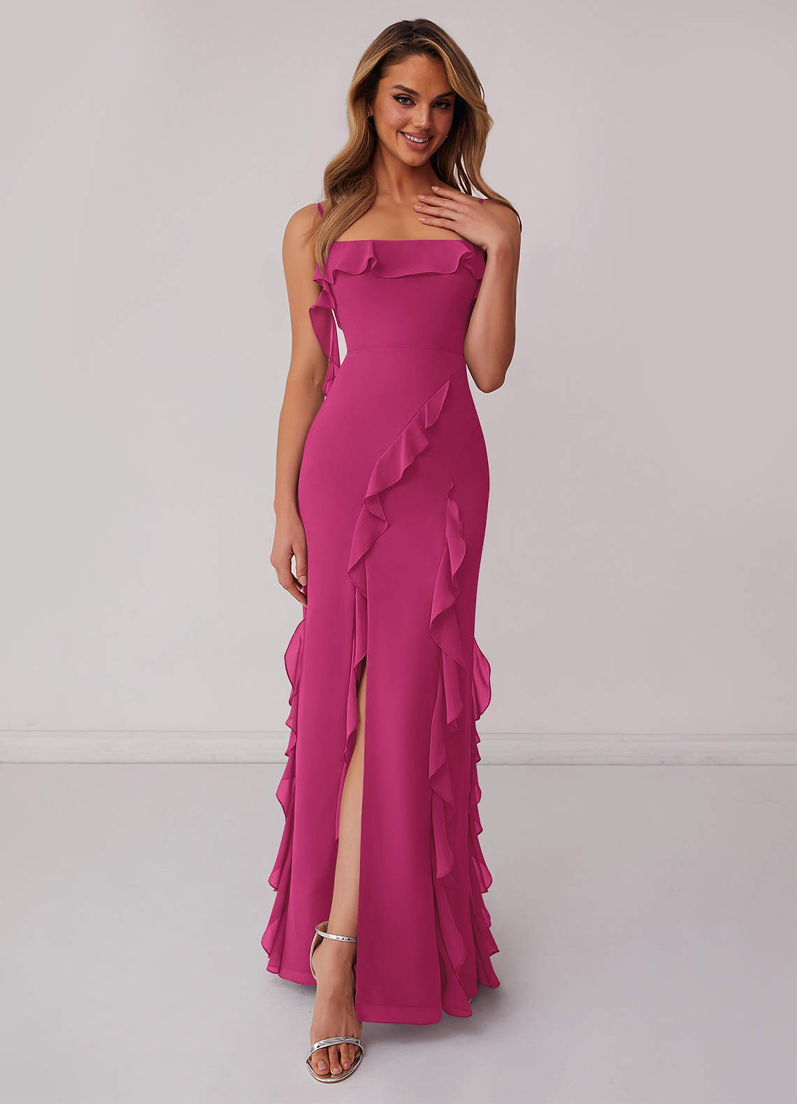 Barbie™ Pink Chiffon Ruffle Column Dress with Leg Slit Bridesmaid ...