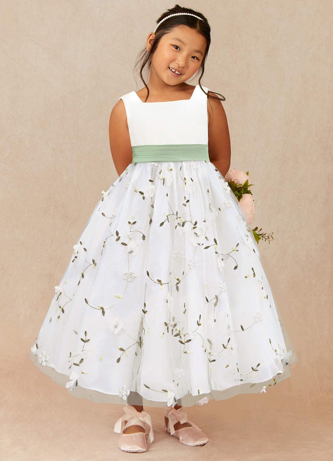 Azazie Pollie Ivory Dusty Sage A-Line Bow Tulle Dress | Azazie