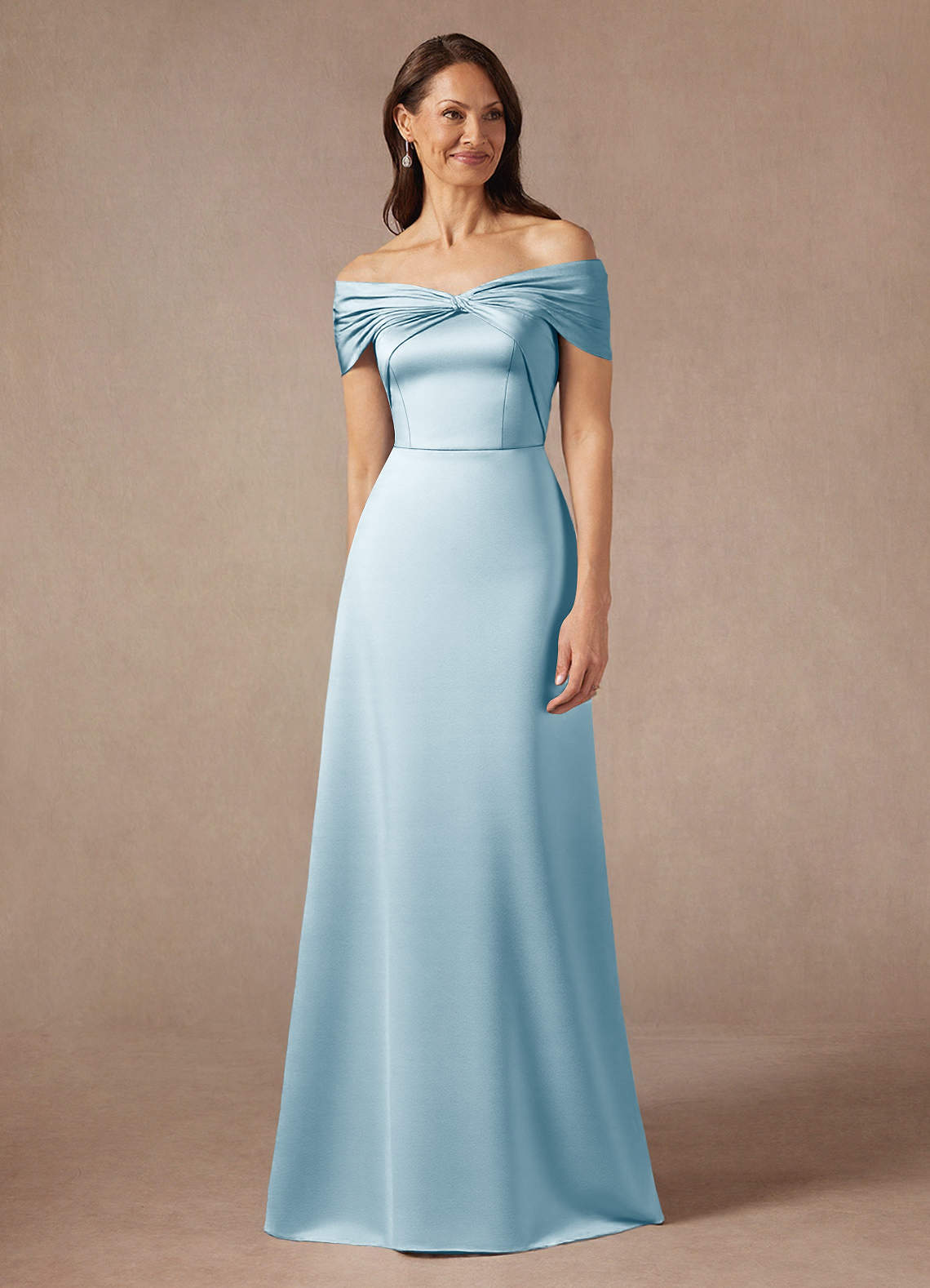 Azazie Amelia Sky Blue A-Line Off the Shoulder Stretch Satin Dress | Azazie