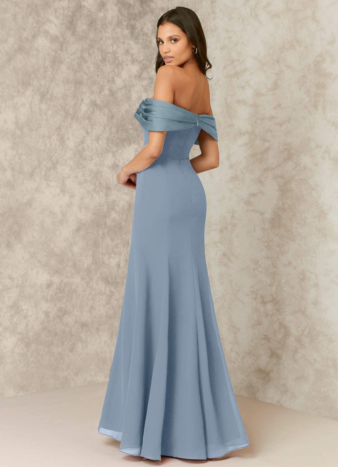 Dusty Blue Off Shoulder Stretch Satin and Chiffon Sheath Dress Bridesmaid Dresses | Azazie