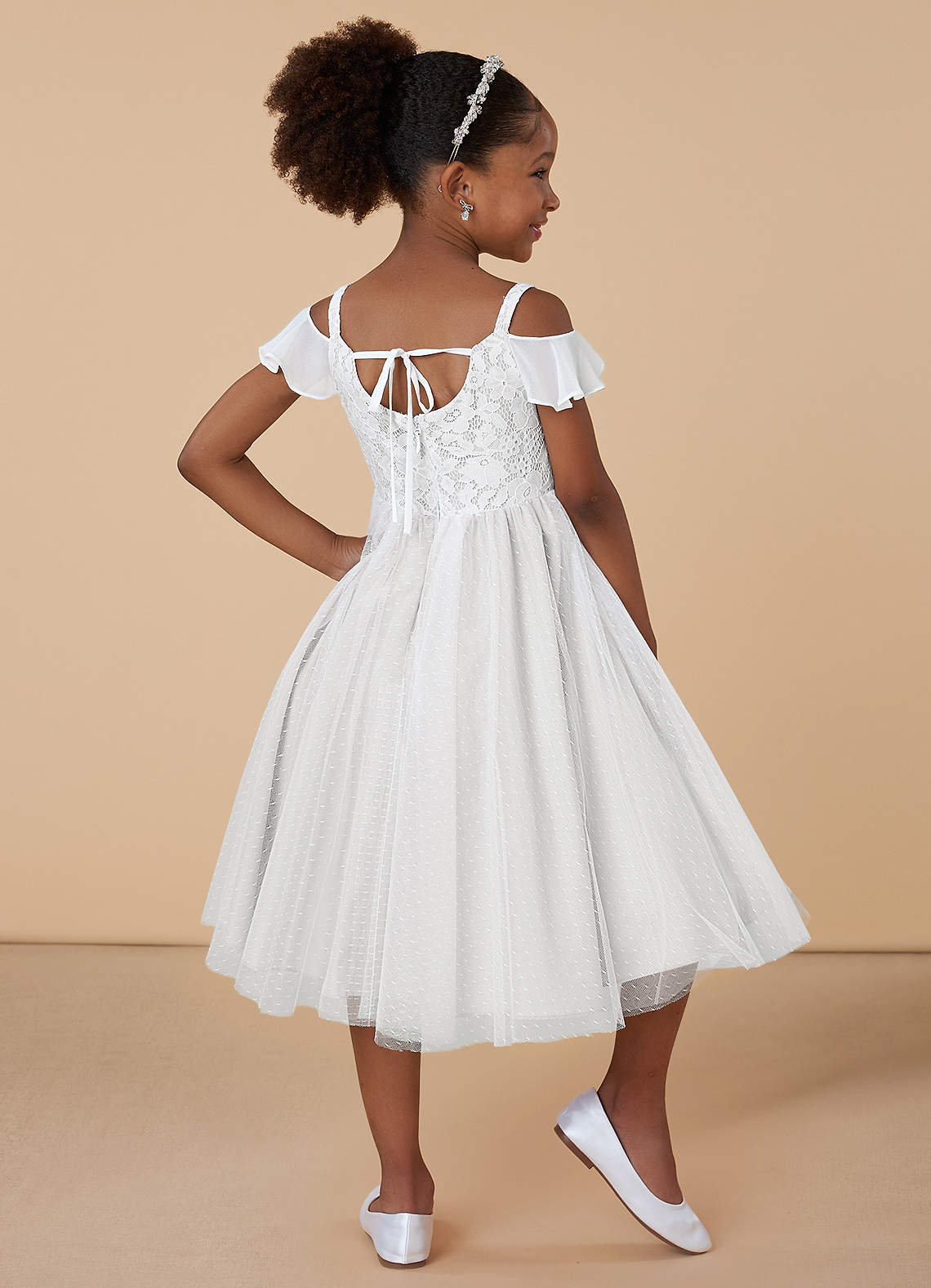 Diamond White Azazie Kristie A-Line Lace Tulle Tea-Length Dress | Azazie
