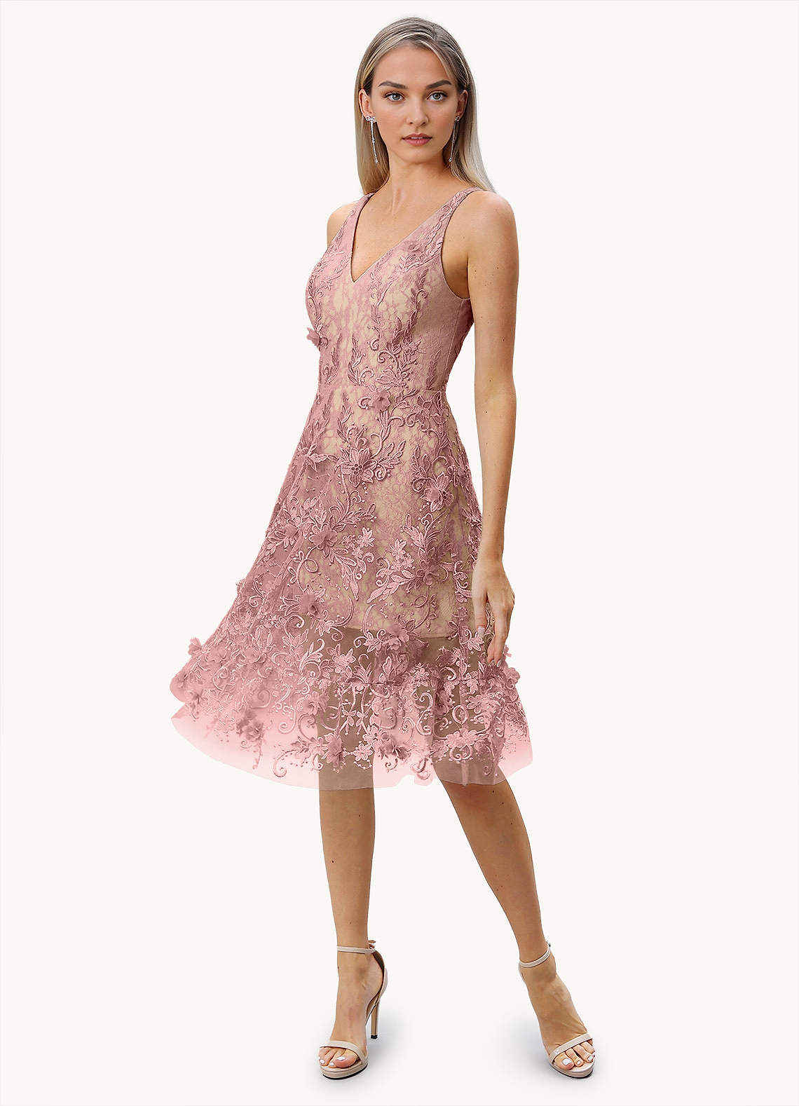 Chris Light Pink Lace 3D Flowers Midi Dress Atelier Dresses | Azazie