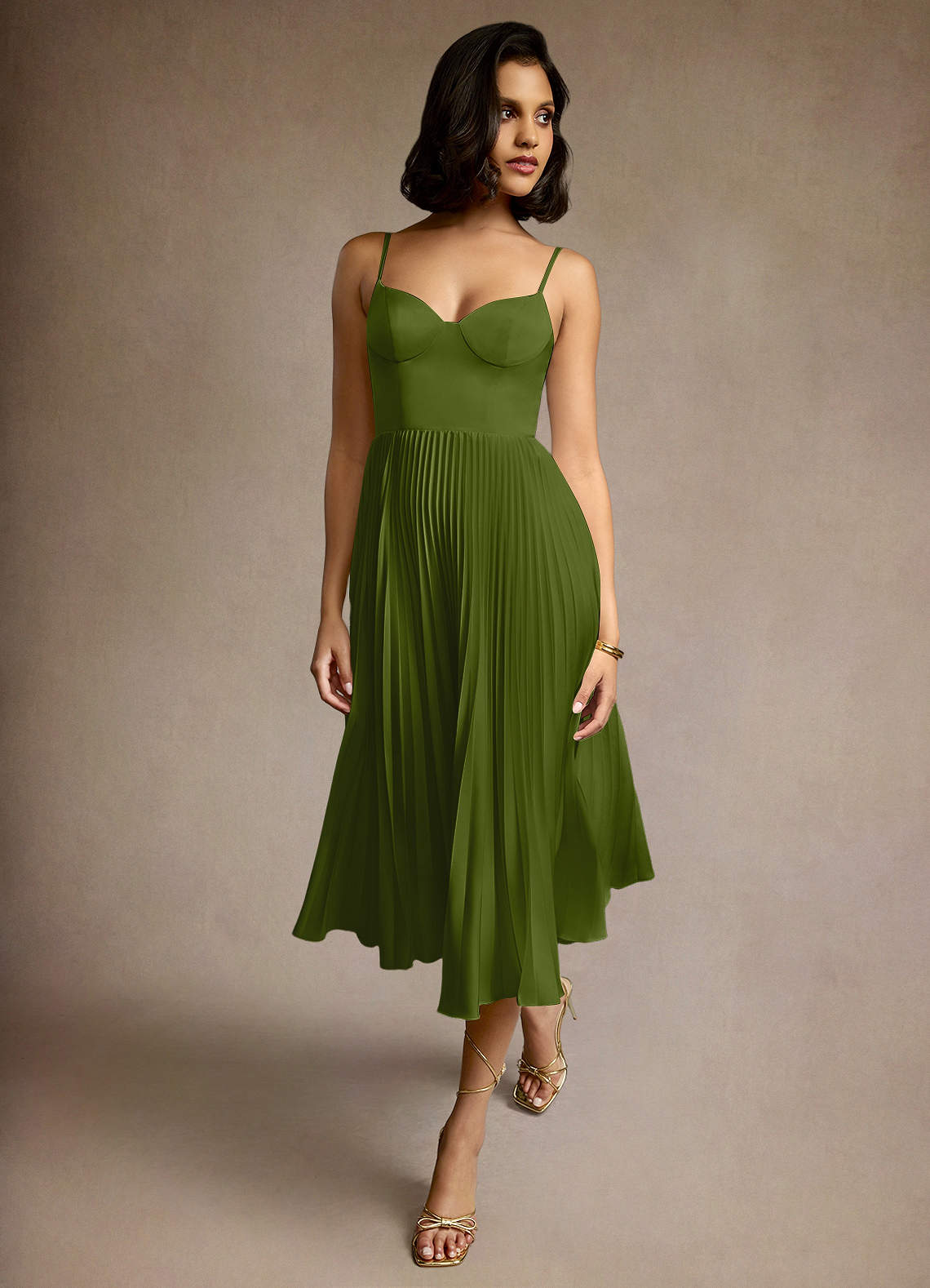 Emma Olive Green Pleated Midi Dress Azazie AU