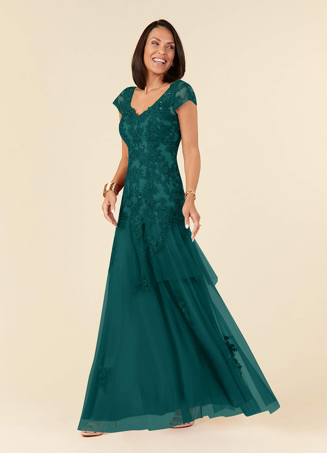 Azazie Romy Peacock Mermaid V-Neck Sequins Tulle Dress | Azazie