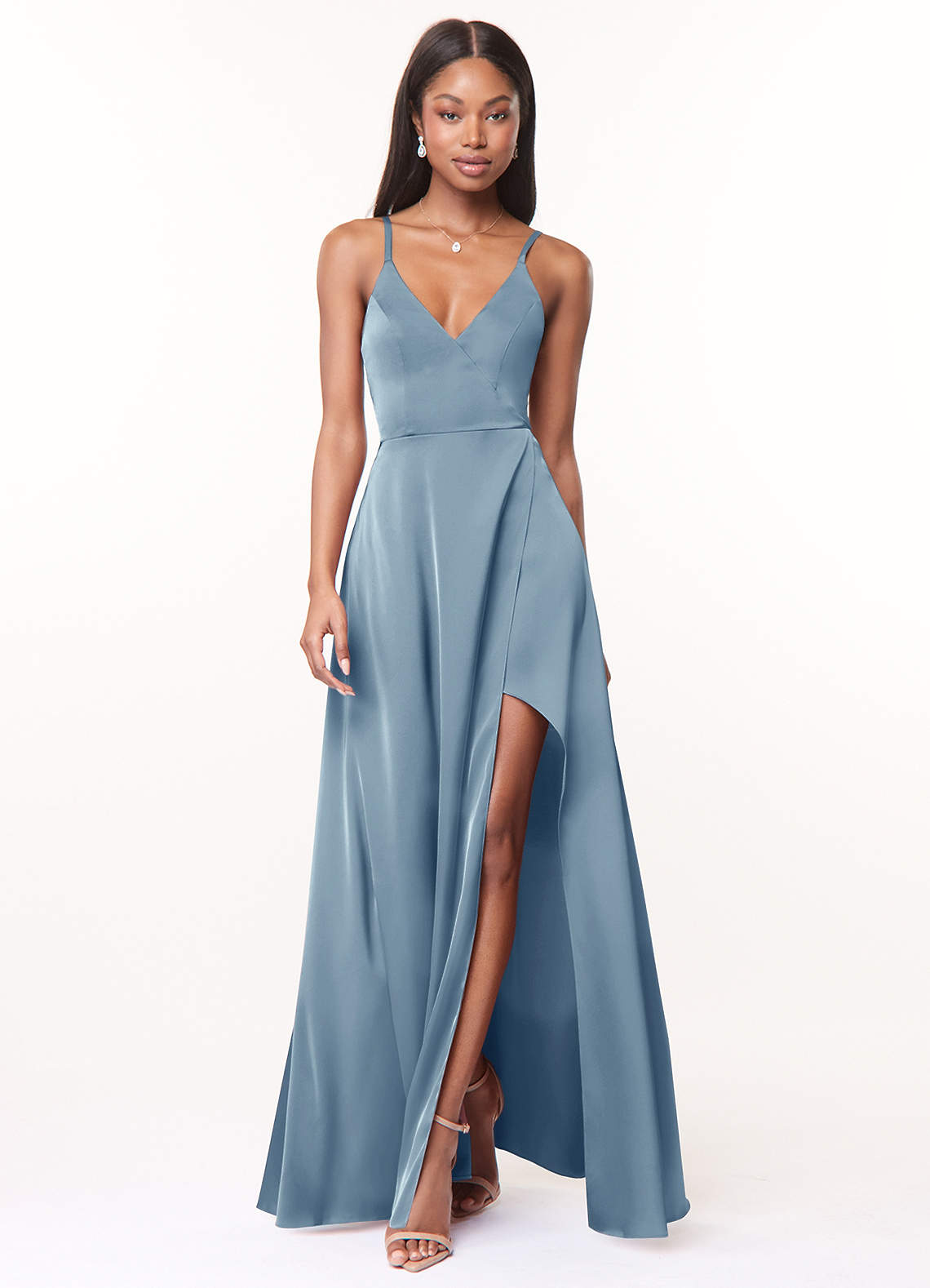 Azazie Maksim Stretch Satin Dress Dusty Blue Bridesmaid Dresses Azazie