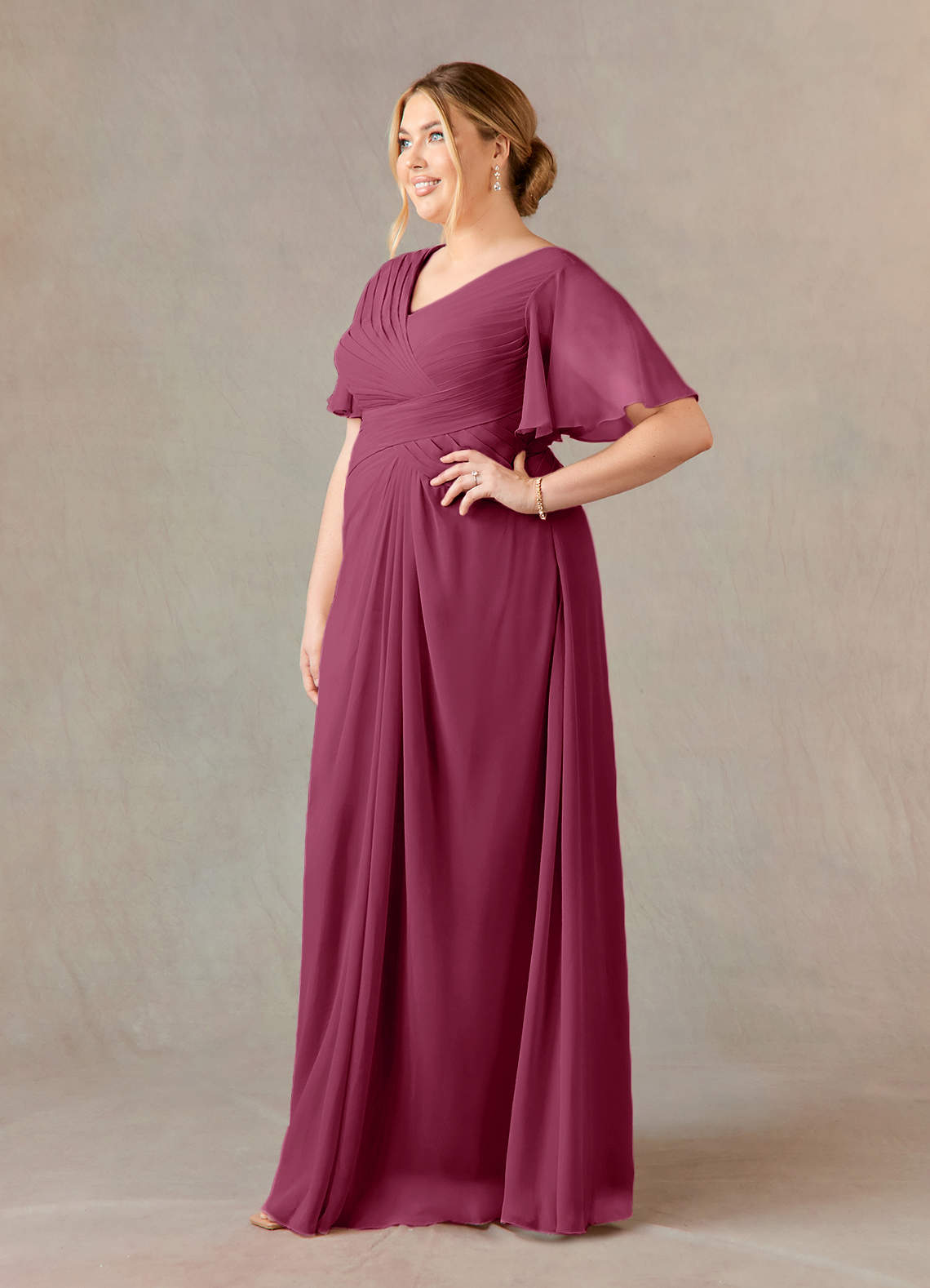 Azazie Morning Glory Mulberry A-Line V-Neck Ruched Chiffon Dress | Azazie