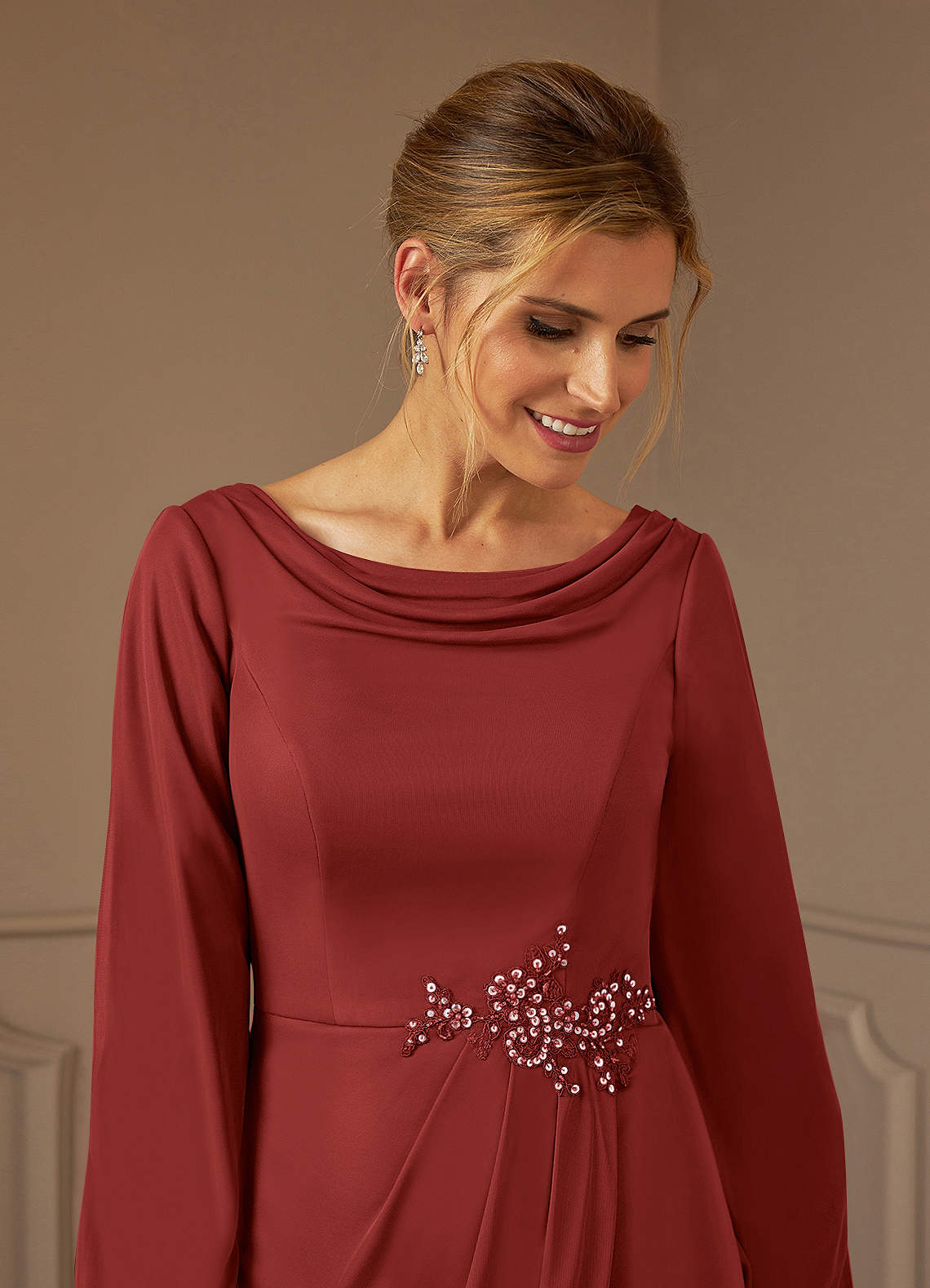 Azazie Satasha Rust A-Line Cowl Neckline Lace Mesh Dress Mother of the ...