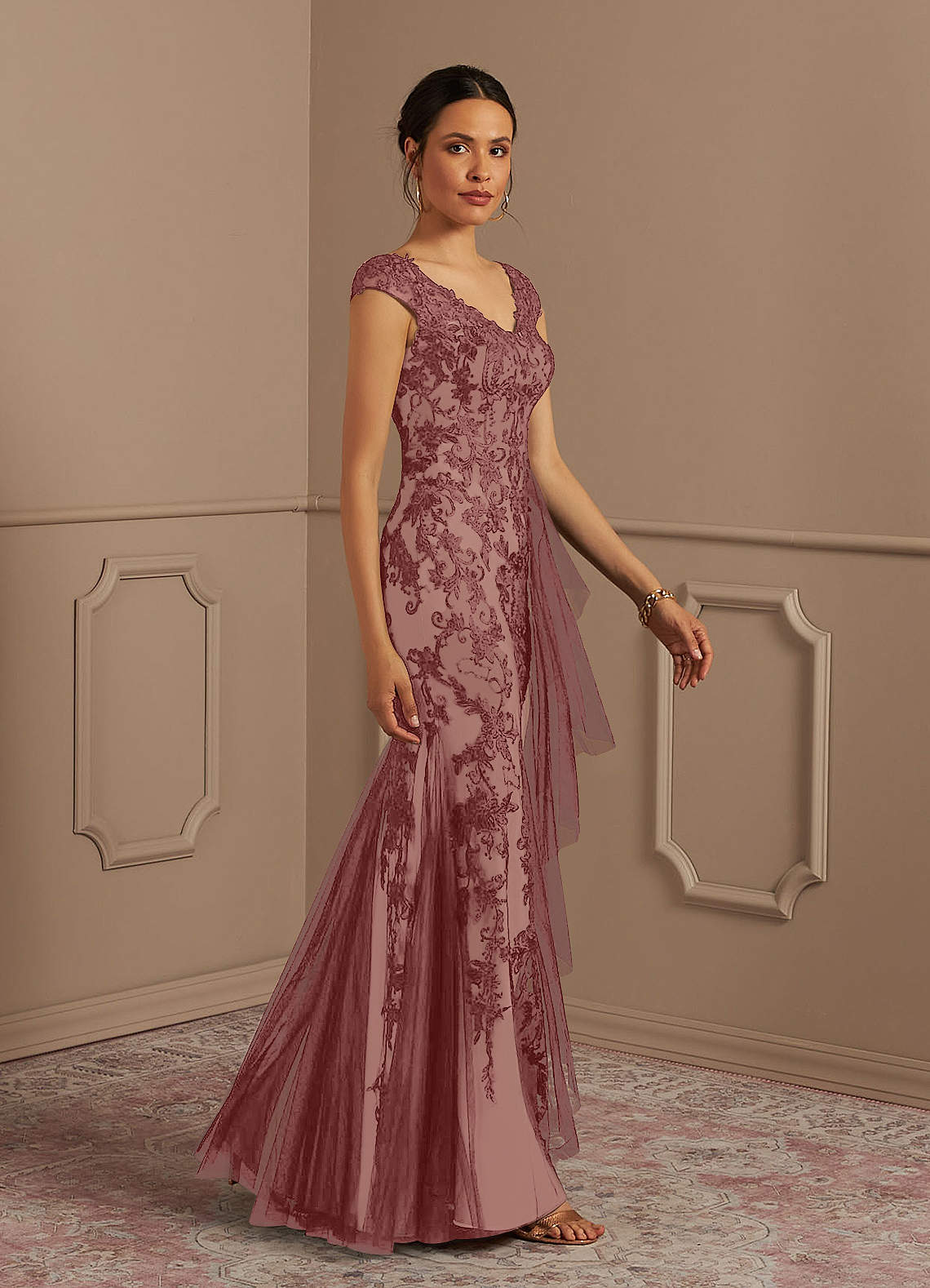 Azazie Melena Desert Rose Champagne Mermaid Lace Tulle Dress | Azazie