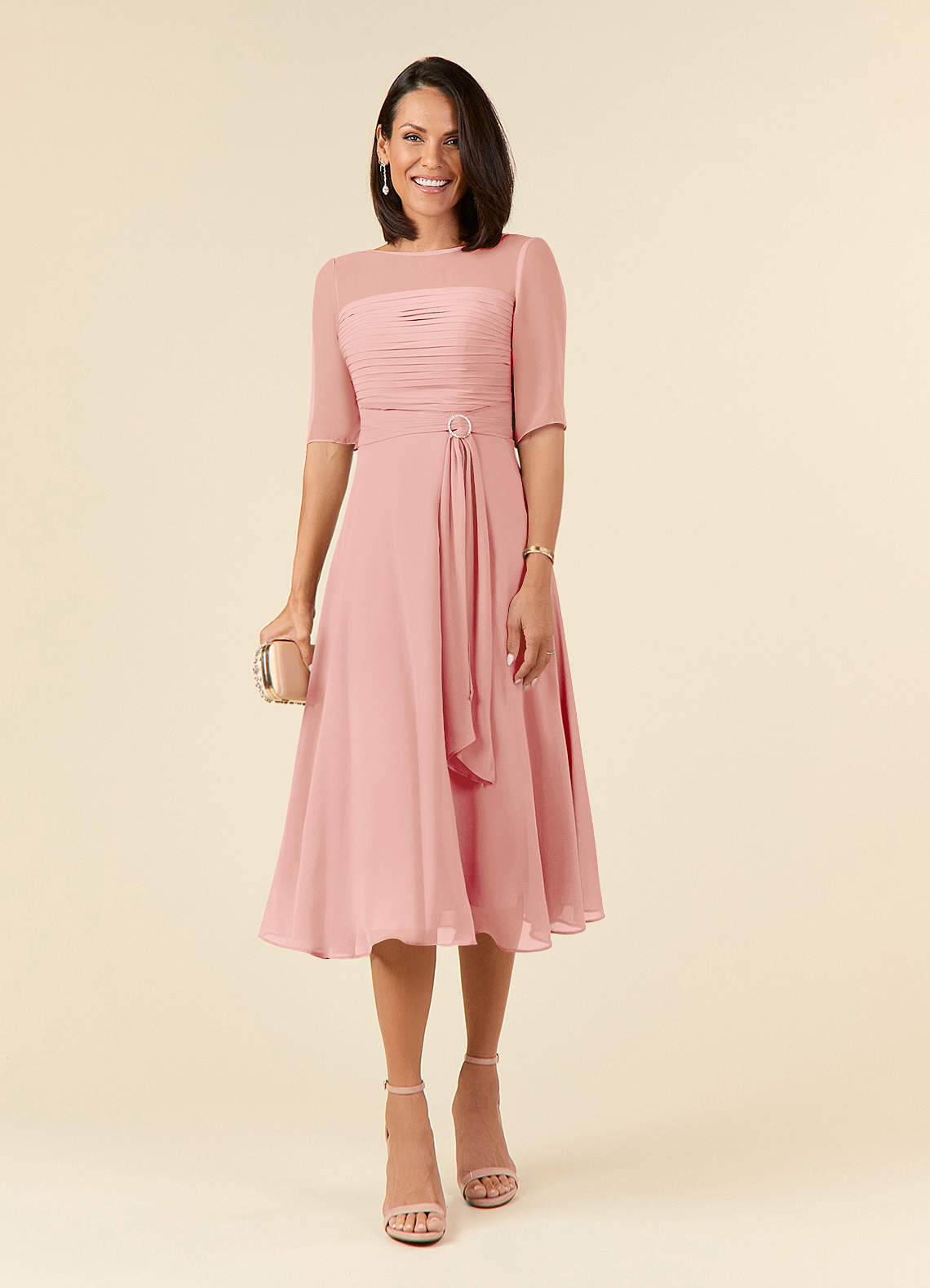 Azazie Naomi Rosette A-Line Boatneck Pleated Chiffon Dress | Azazie Azazie Naomi Rosette A-Line Boatneck Pleated Chiffon Dress | Azazie