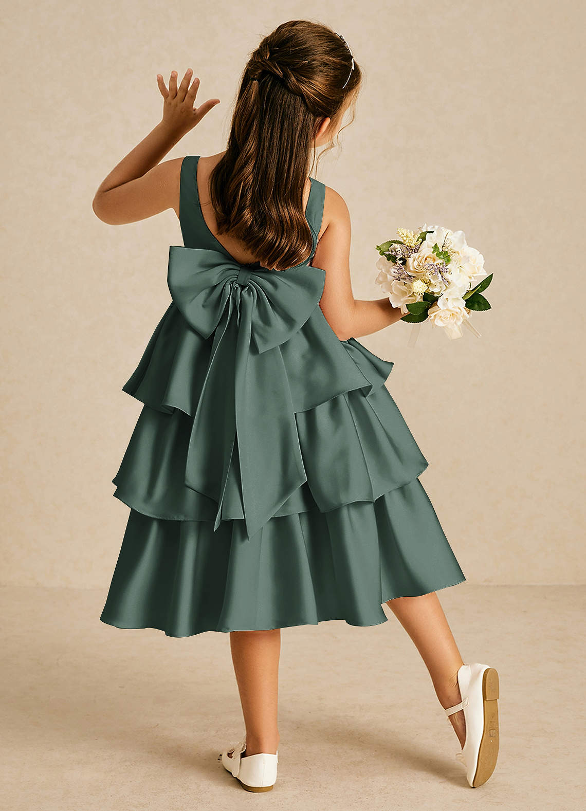 Azazie Margie Eucalyptus A-Line Bow Stretch Satin Dress | Azazie
