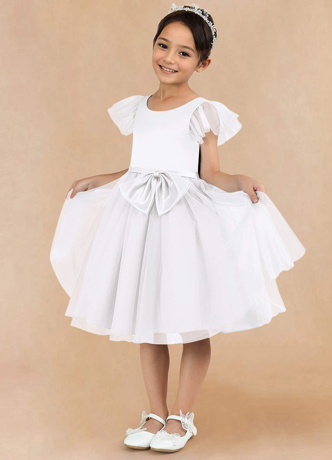 White Azazie Midna White A-Line with Sleeves Tulle Dress | Azazie