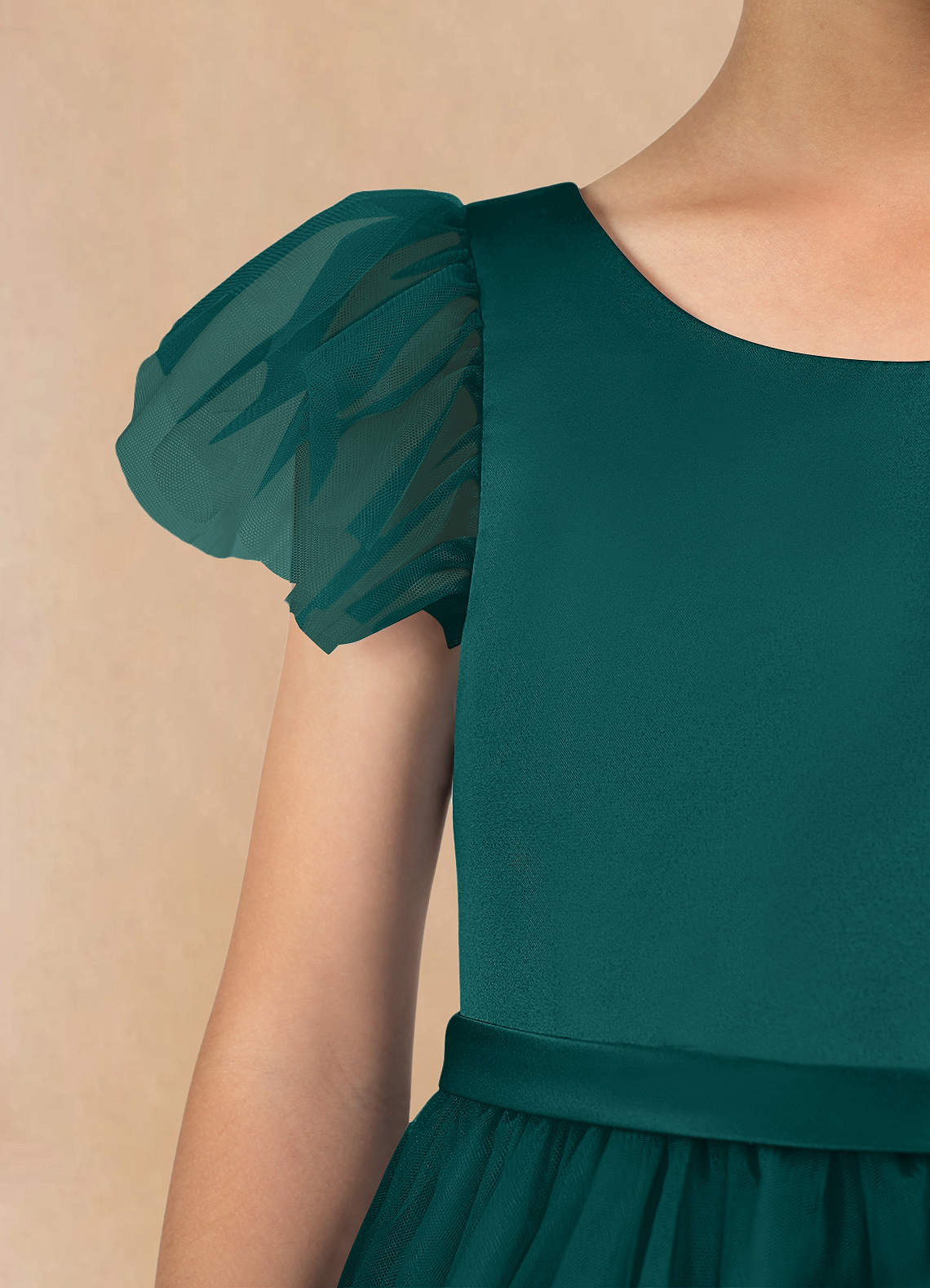 Peacock Azazie Midna Peacock A-Line with Sleeves Tulle Dress | Azazie