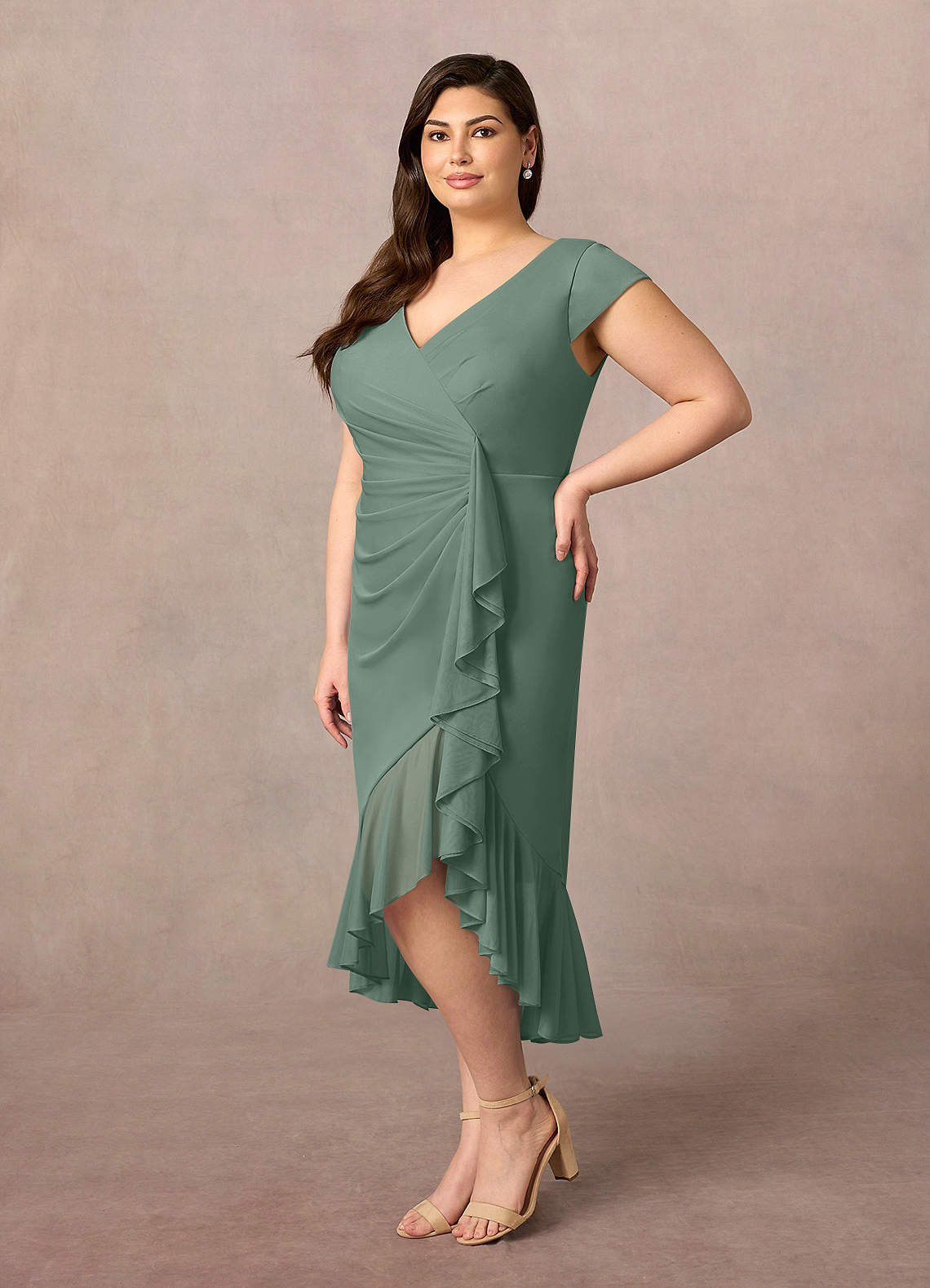 Azazie Renetta Eucalyptus Sheath V Neck Pleated Mesh Dress Azazie
