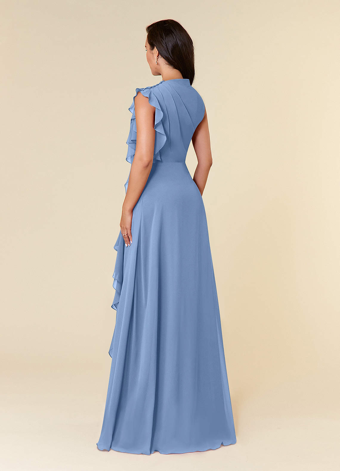 Azazie Narine Steel Blue A-Line High Neckline Pleated Chiffon Dress ...
