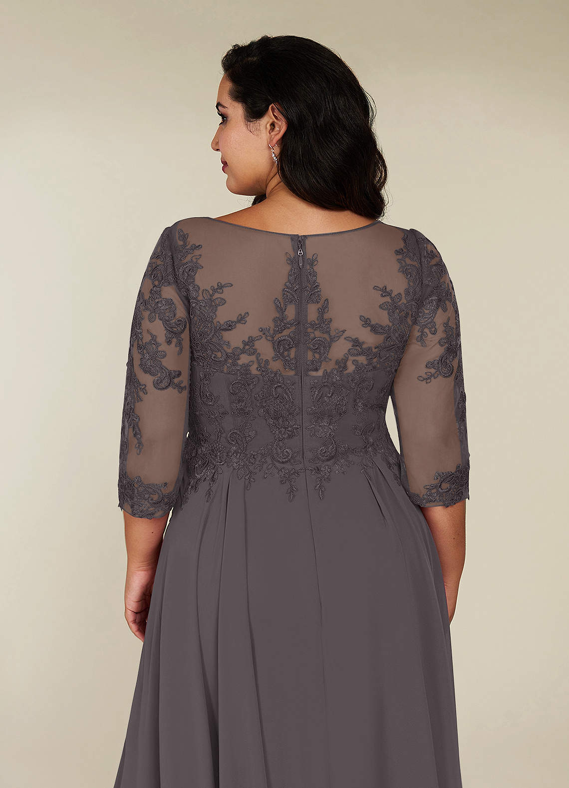 Steel Grey Azazie Marge A-Line Scoop Lace Chiffon Tea-Length Dress | Azazie