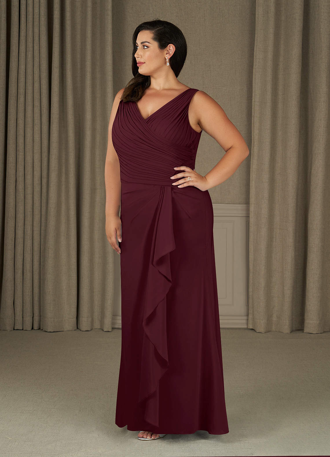 Cabernet Azazie Evy A-Line Pleated Stretch Chiffon Floor-Length Dress ...