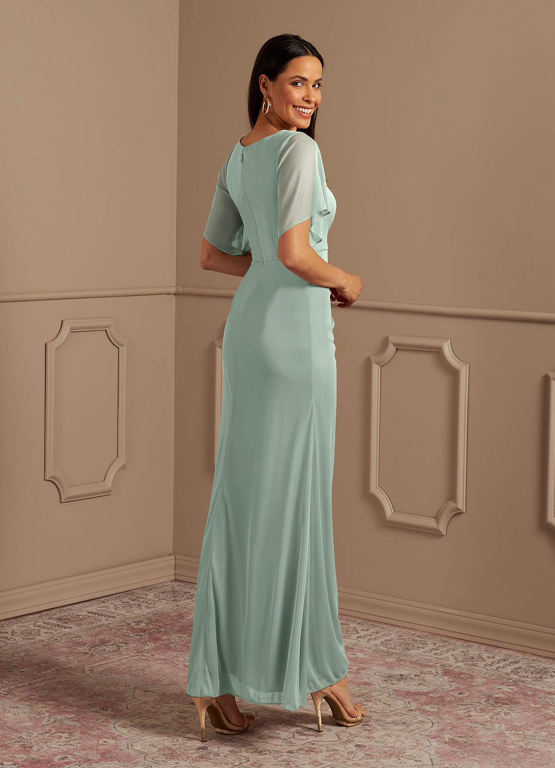 Agave Azazie Selah A-Line V-Neck ruched Mesh Floor-Length Dress | Azazie