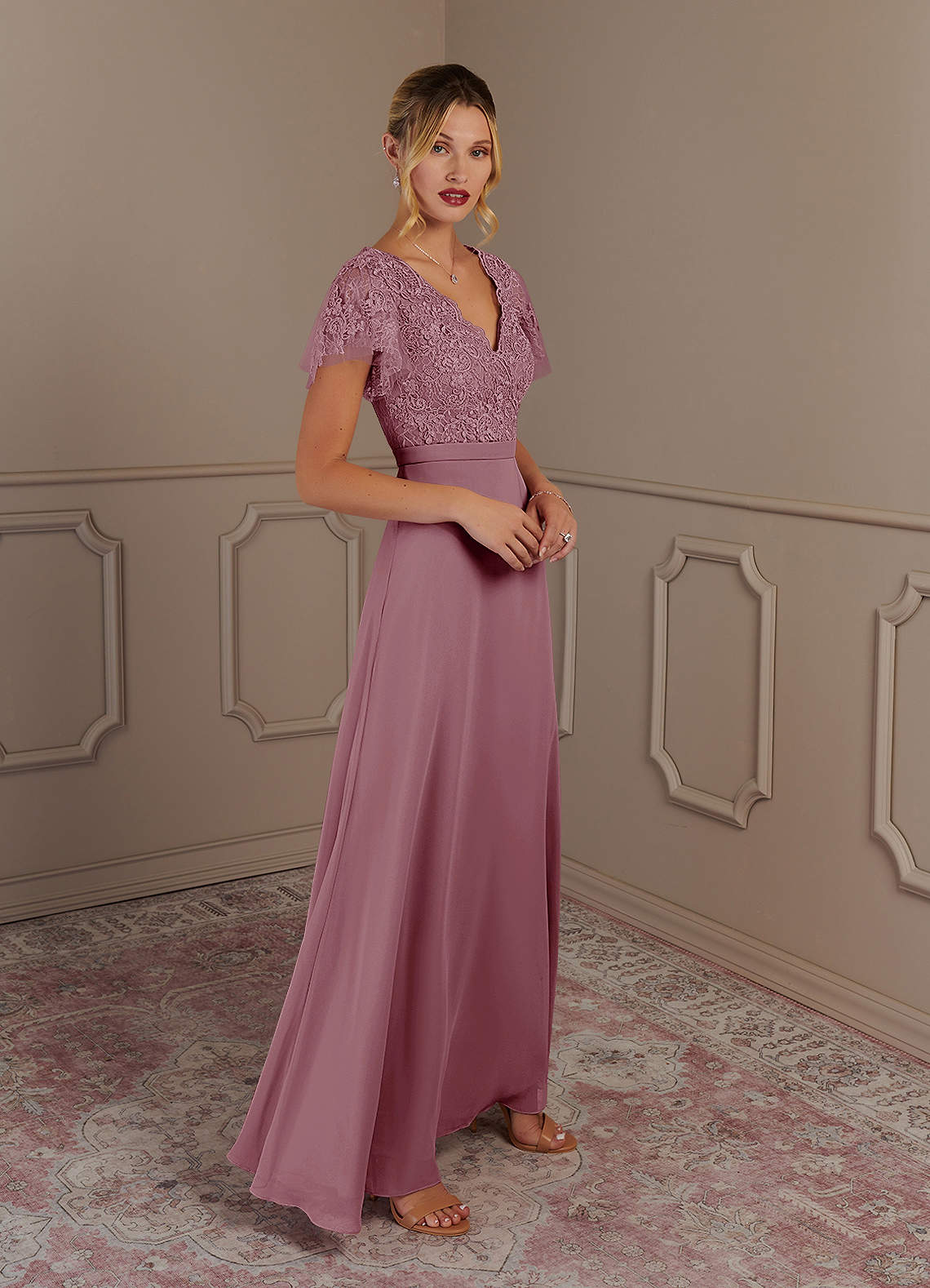 Azazie Singer Vintage Mauve A-Line V-Neck Lace Chiffon Dress | Azazie