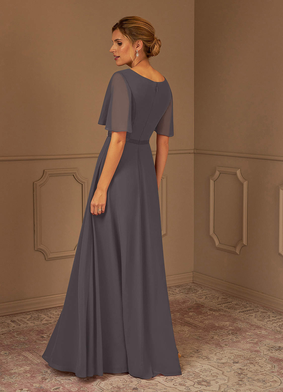 Azazie Tricia Steel Grey A-Line V-Neck Pleated Chiffon Dress | Azazie